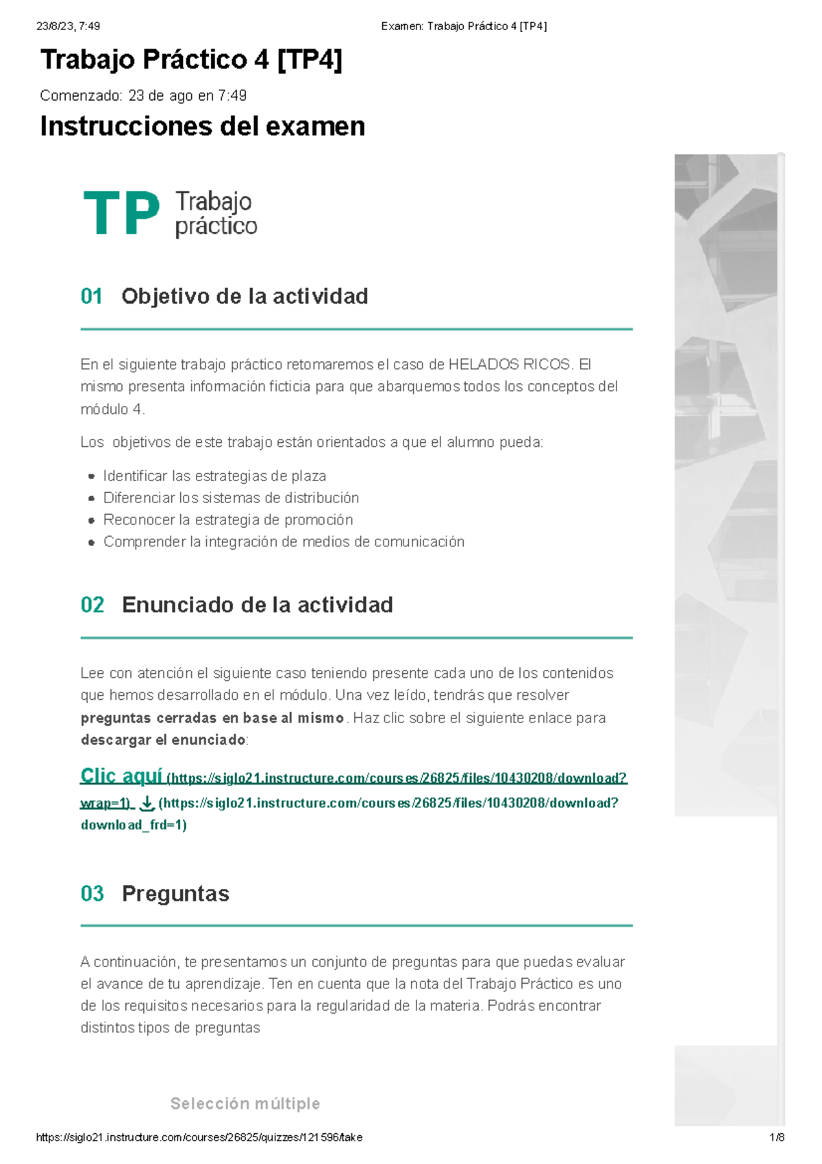 Examen Trabajo Práctico 4 [TP4] mkt - Trabajo Práctico 4 [TP4] Comenzado: 23 de ago en 7: - Studocu