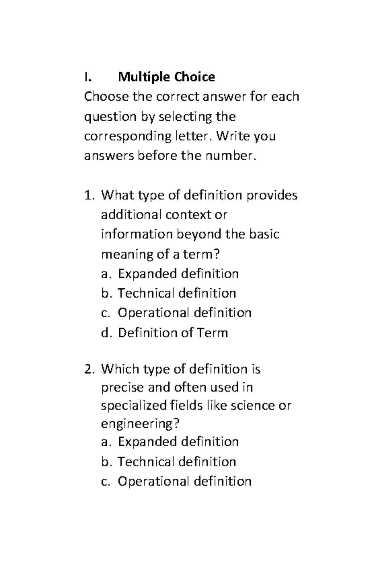 Grade 10 quiz - On research - I. Multiple Choice Choose the correct ...
