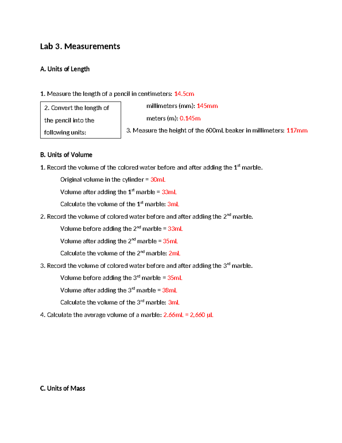 Lab Report Measurement - Lab 3. Measurements A. Units of Length 1. Measure the length of a ...
