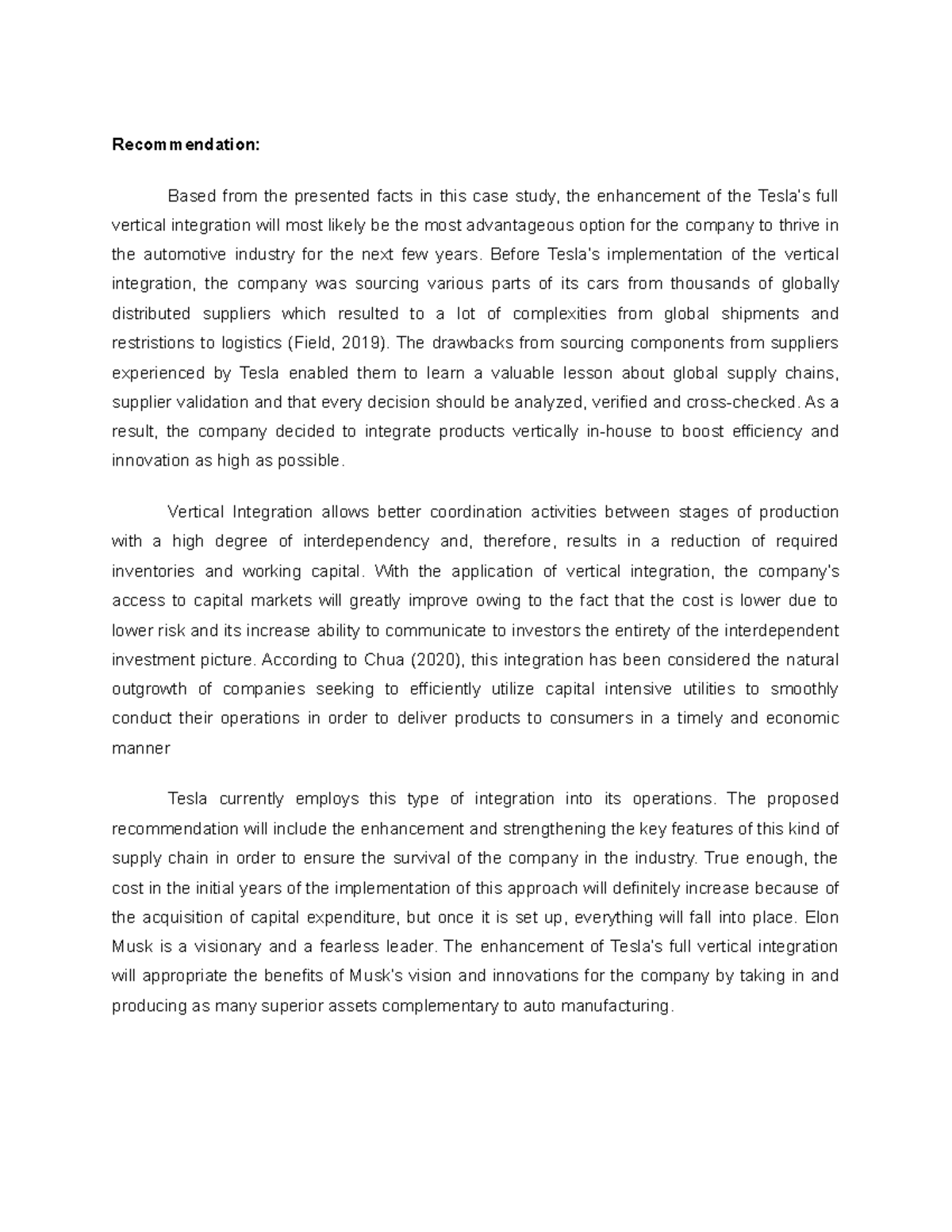 Recommendation for Tesla's Case Analysis - Recommendation: Based from ...