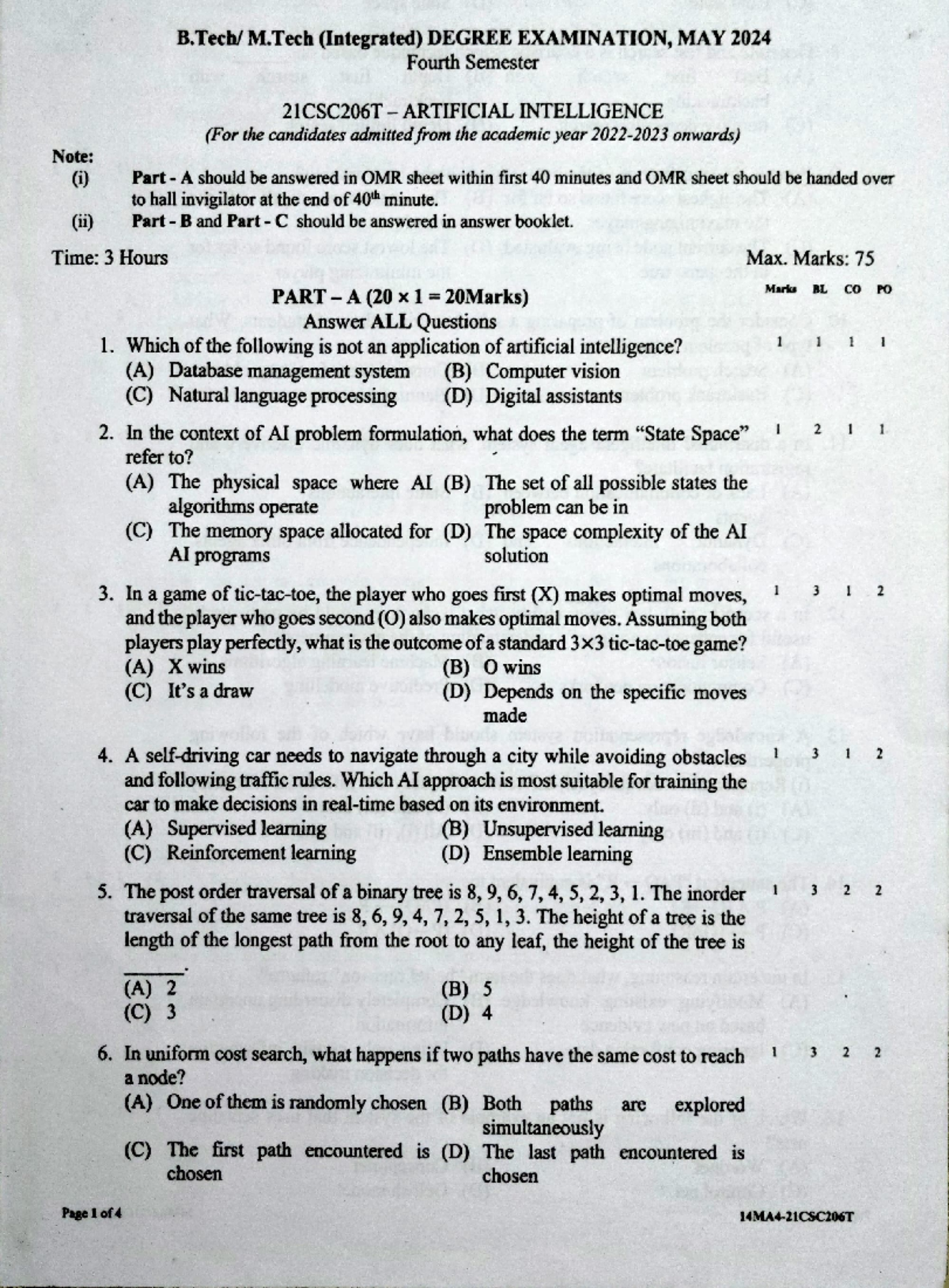 AI SEMESTER QUESTION PAPER - Note: () (i) Time: 3 Hours ####### B/ M ...