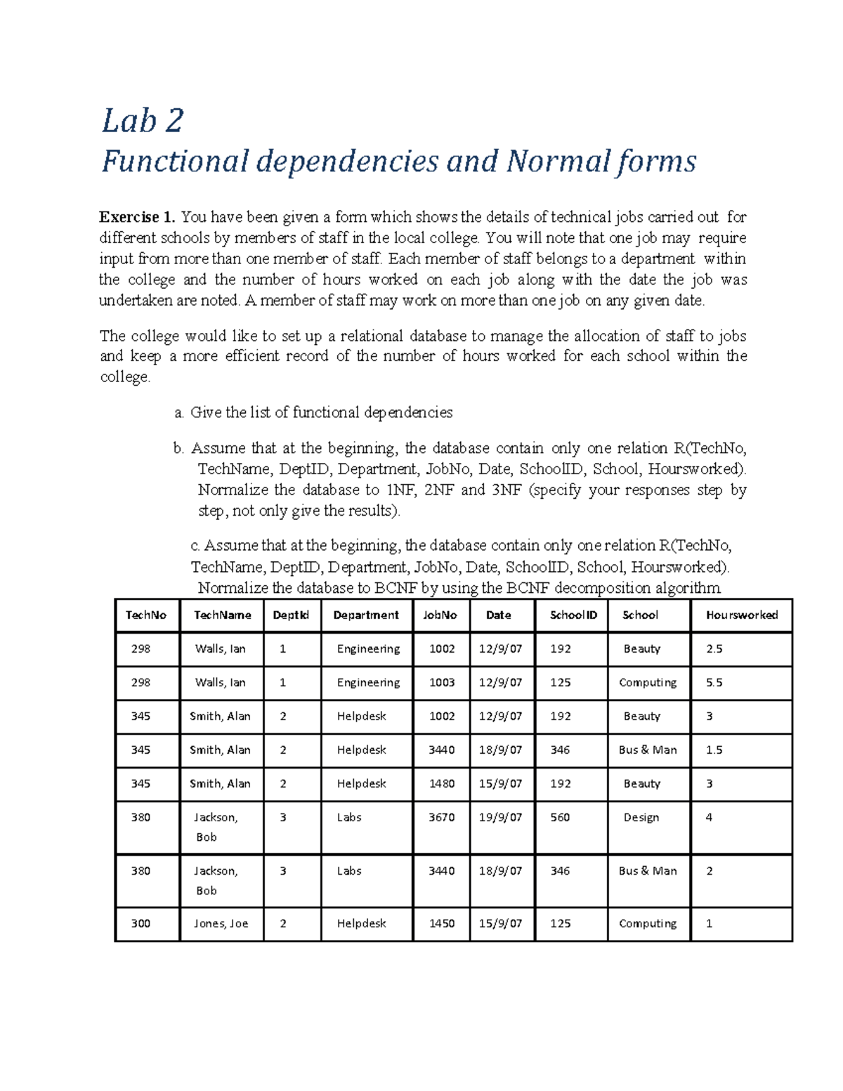 Lab 2 FD - hihi - Lab 2 Functional dependencies and Normal forms Exercise 1. You have been given ...