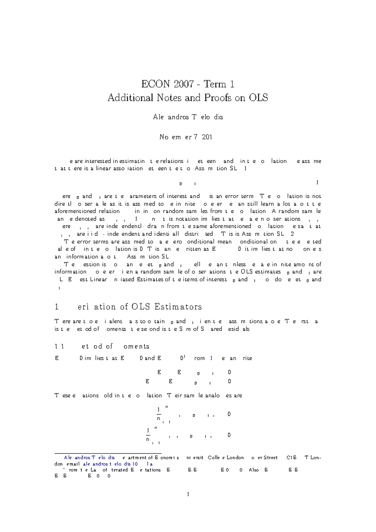 Ols Proofs Econometrics Notes And Problem Sets Econ 2007 Term 1 Additional Notes And
