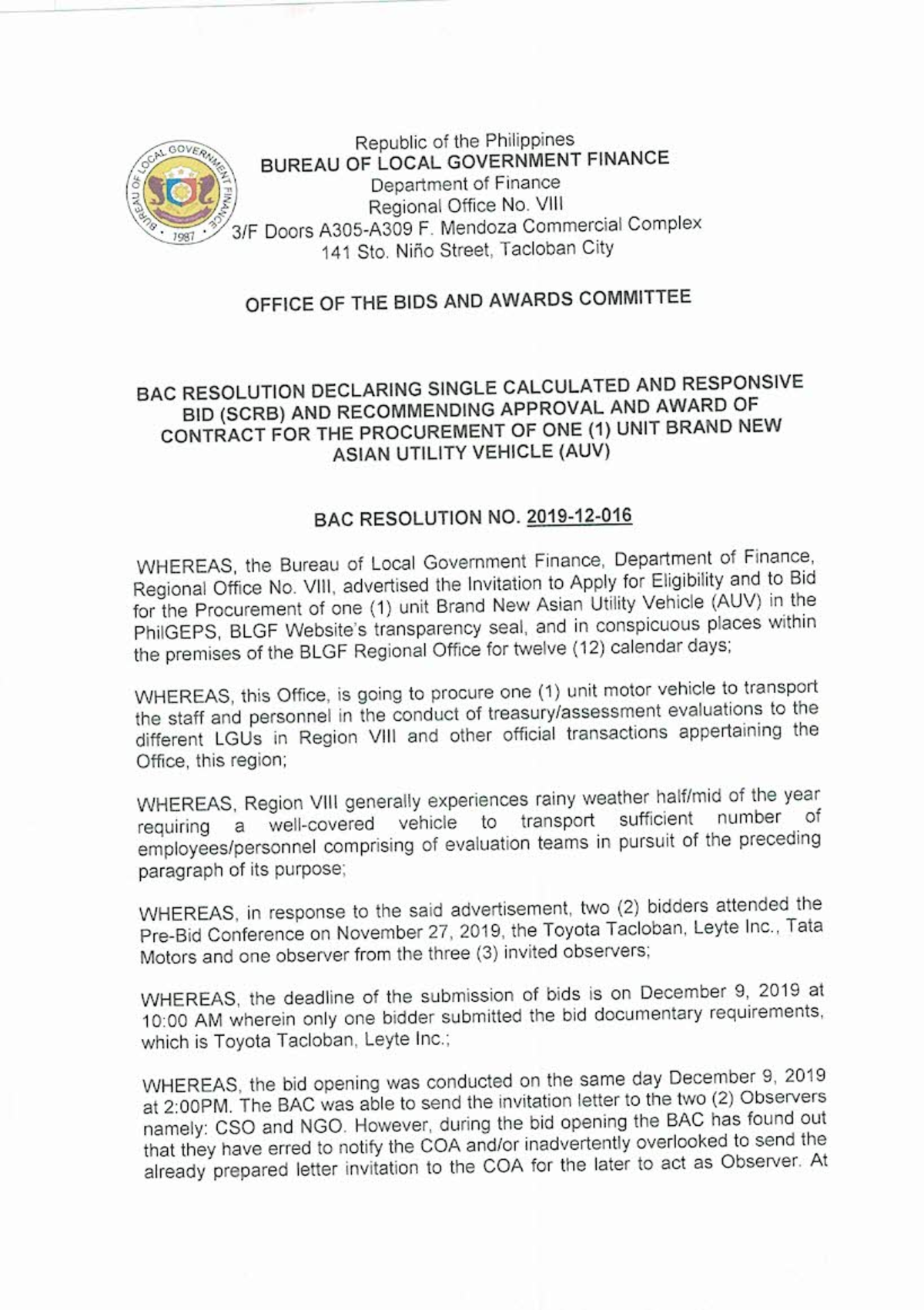 BAC-RESO 01 - reso - Republic of the Philippines LOCAL GOVERNIES BUREAU OF LOCAL GOVERNMENT ...