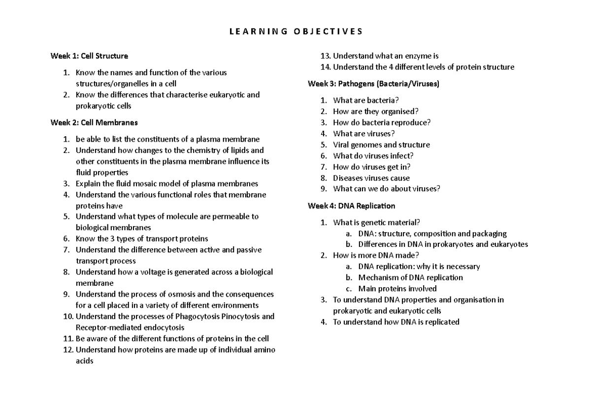 Weeks 1-13 Learning Objectives - Week 1: Cell Structure Know the names ...
