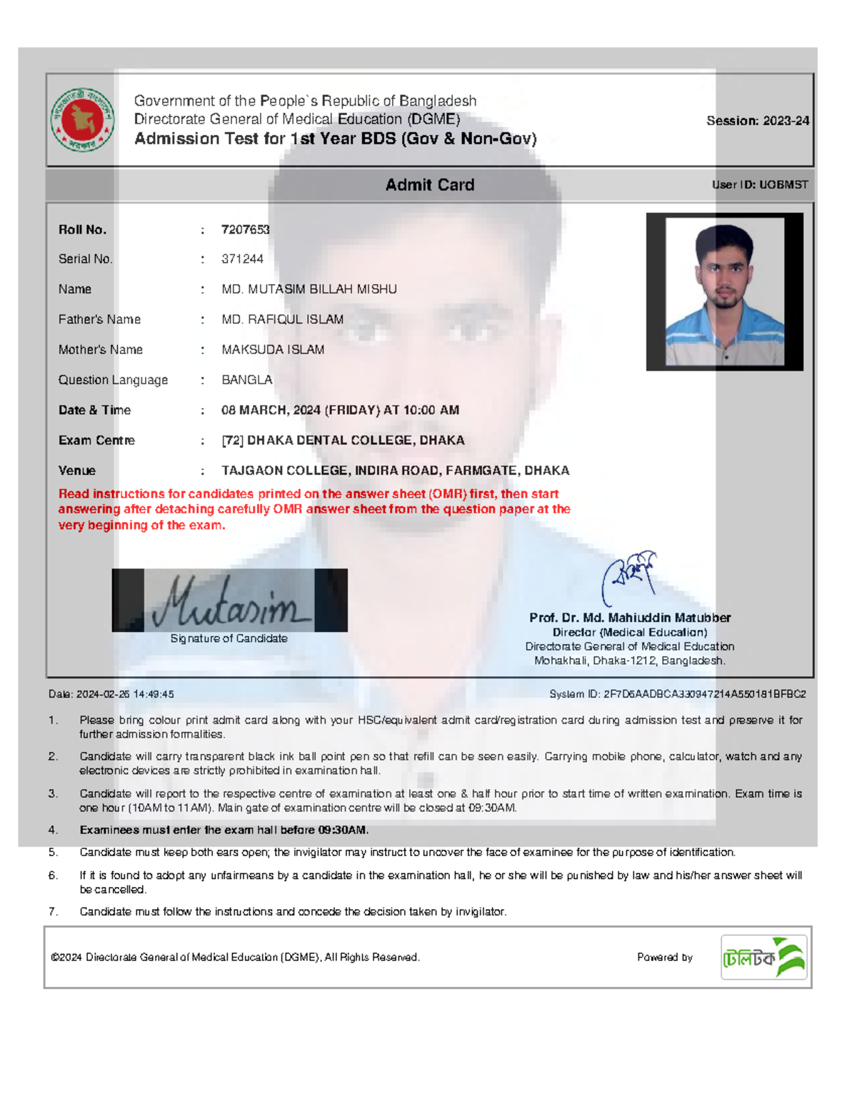 BDS Admit Card Uobmst - Government of the People`s Republic of ...