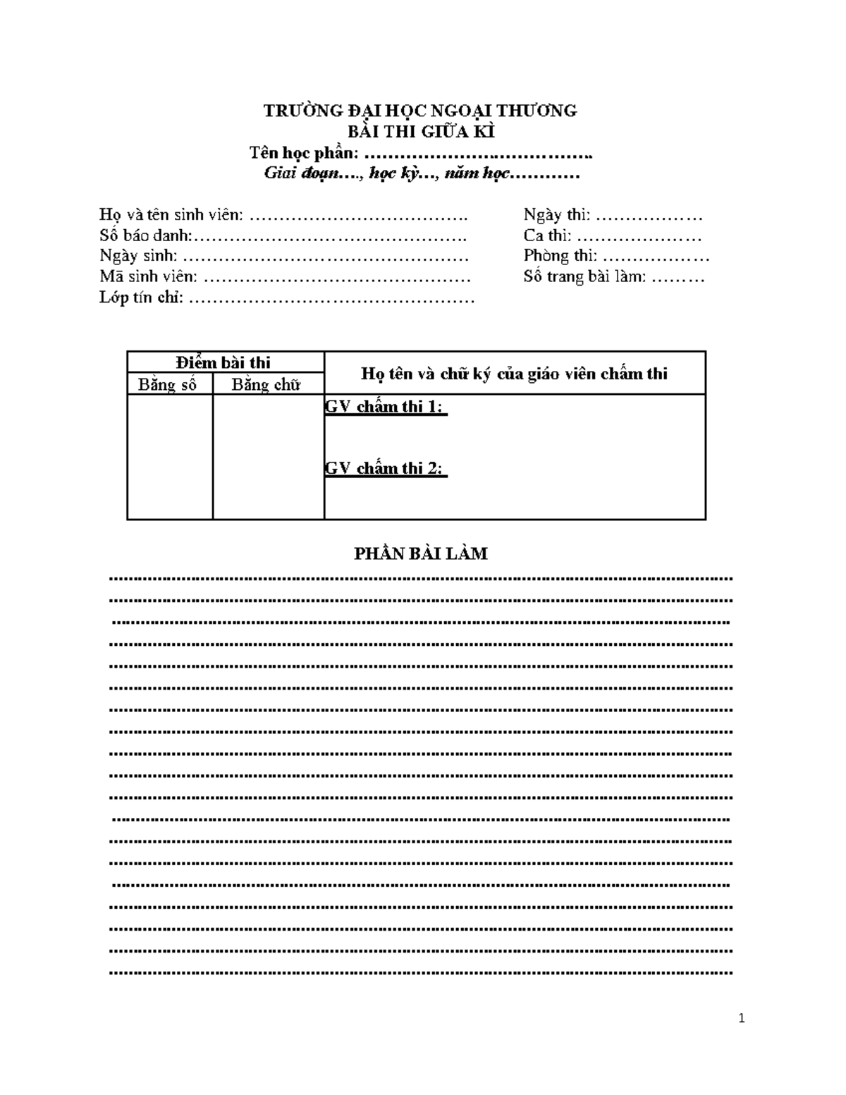 MẪU-GIẤY-THI - Mẫu giấy thi cho sinh viên FTU - TRƯỜNG ĐẠI HỌC NGOẠI ...