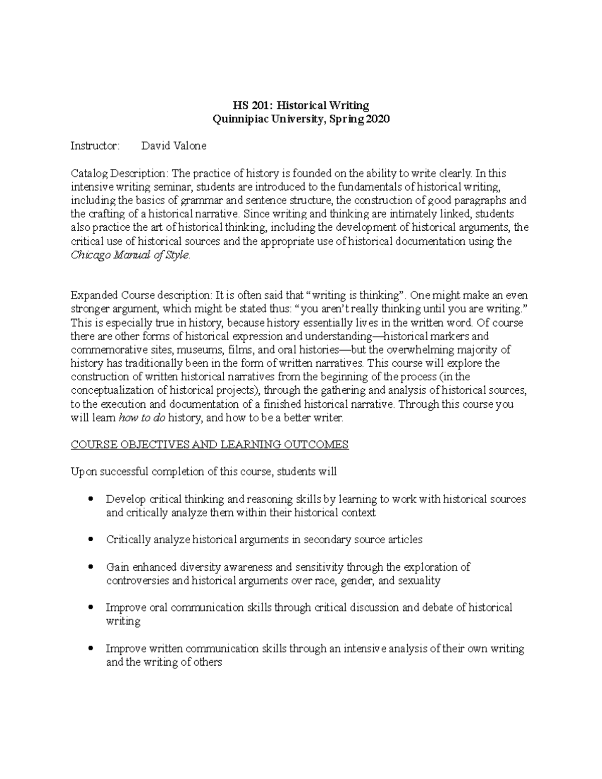 HS 201 - Syllabus - HS 201: Historical Writing Quinnipiac University ...