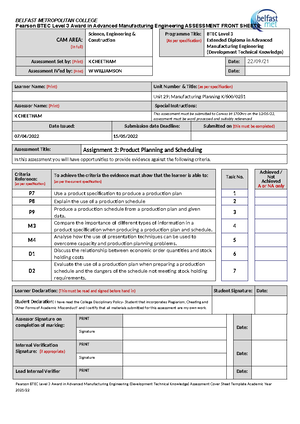 Manufacturing Planning Assessment 1 21-22 - Pearson BTEC Level 3 Award ...