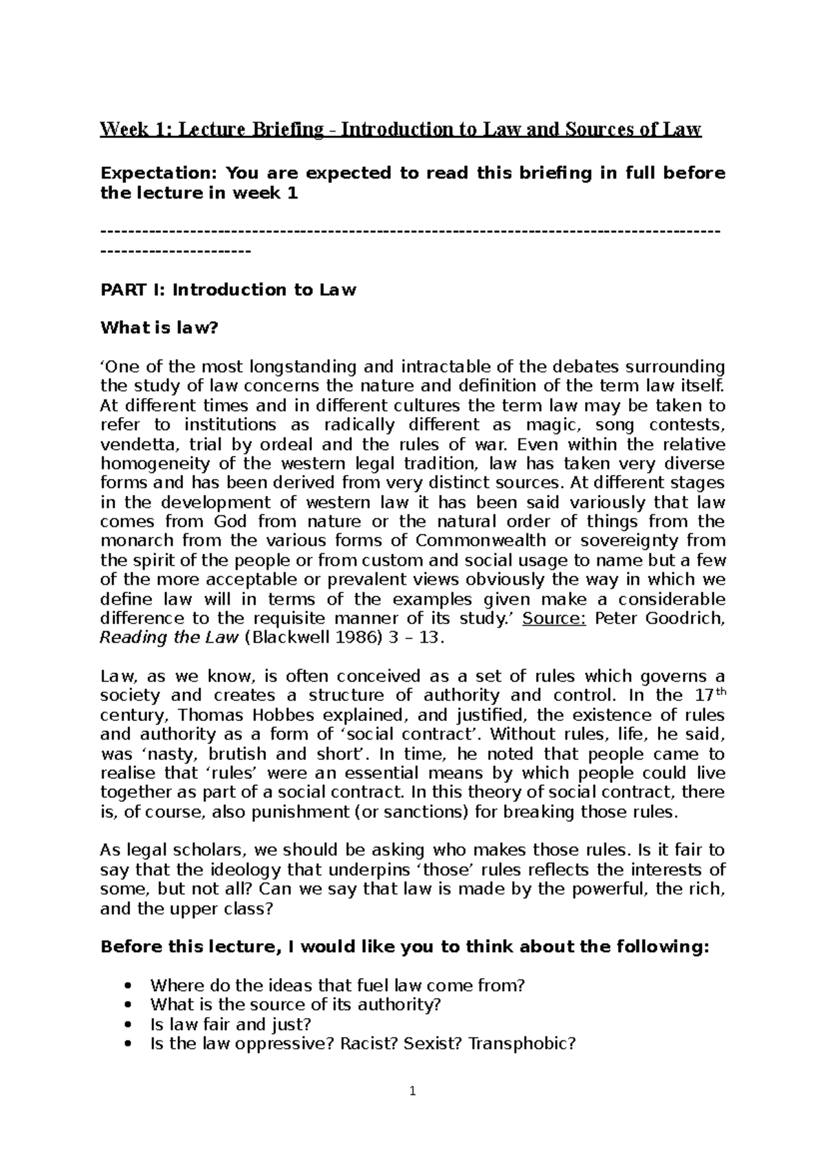 ELS Briefing 1 Introduction to law and sources of law - Week 1: Lecture ...