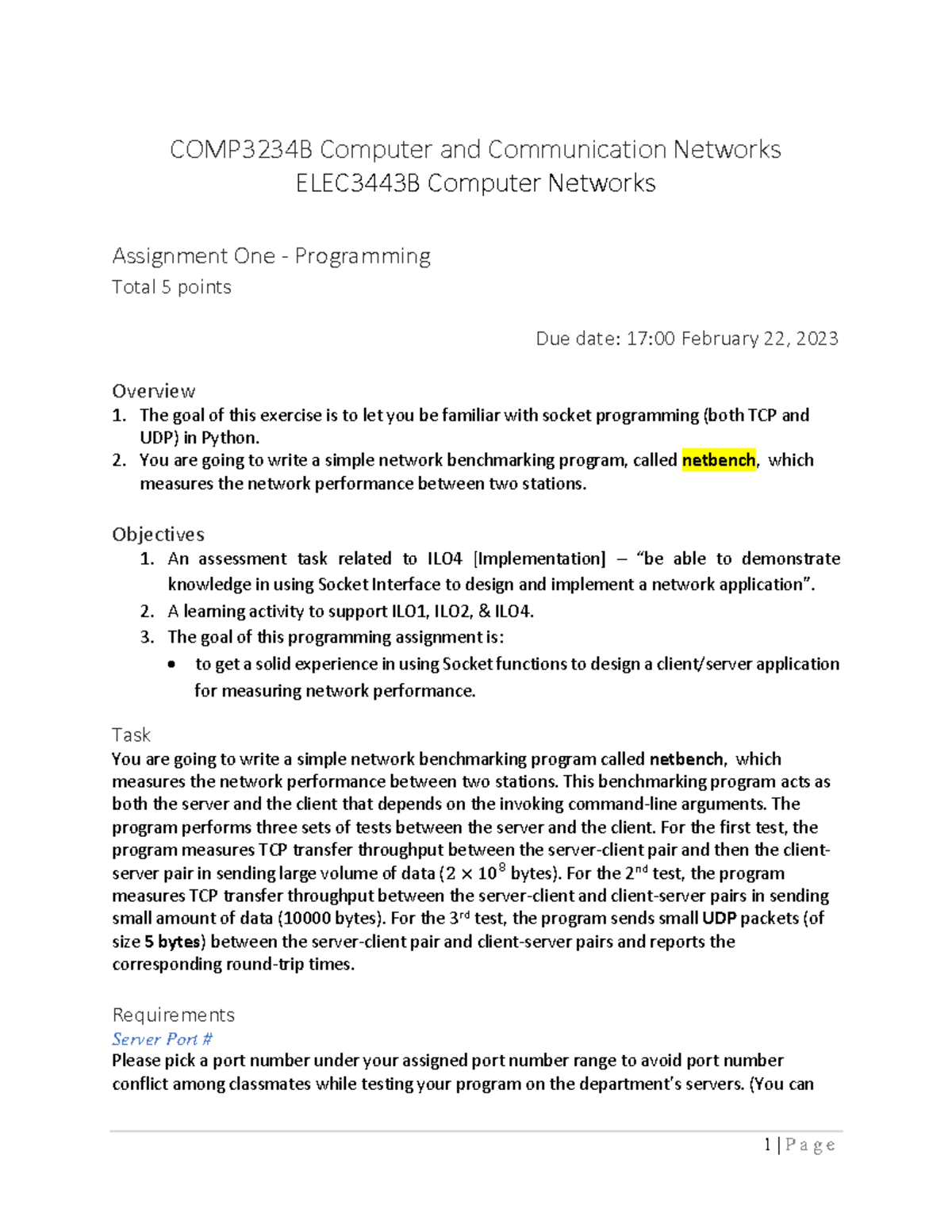 2022 23 Ass One - Assignment - COMP3234B Computer and Communication Networks ELEC3443B Computer ...