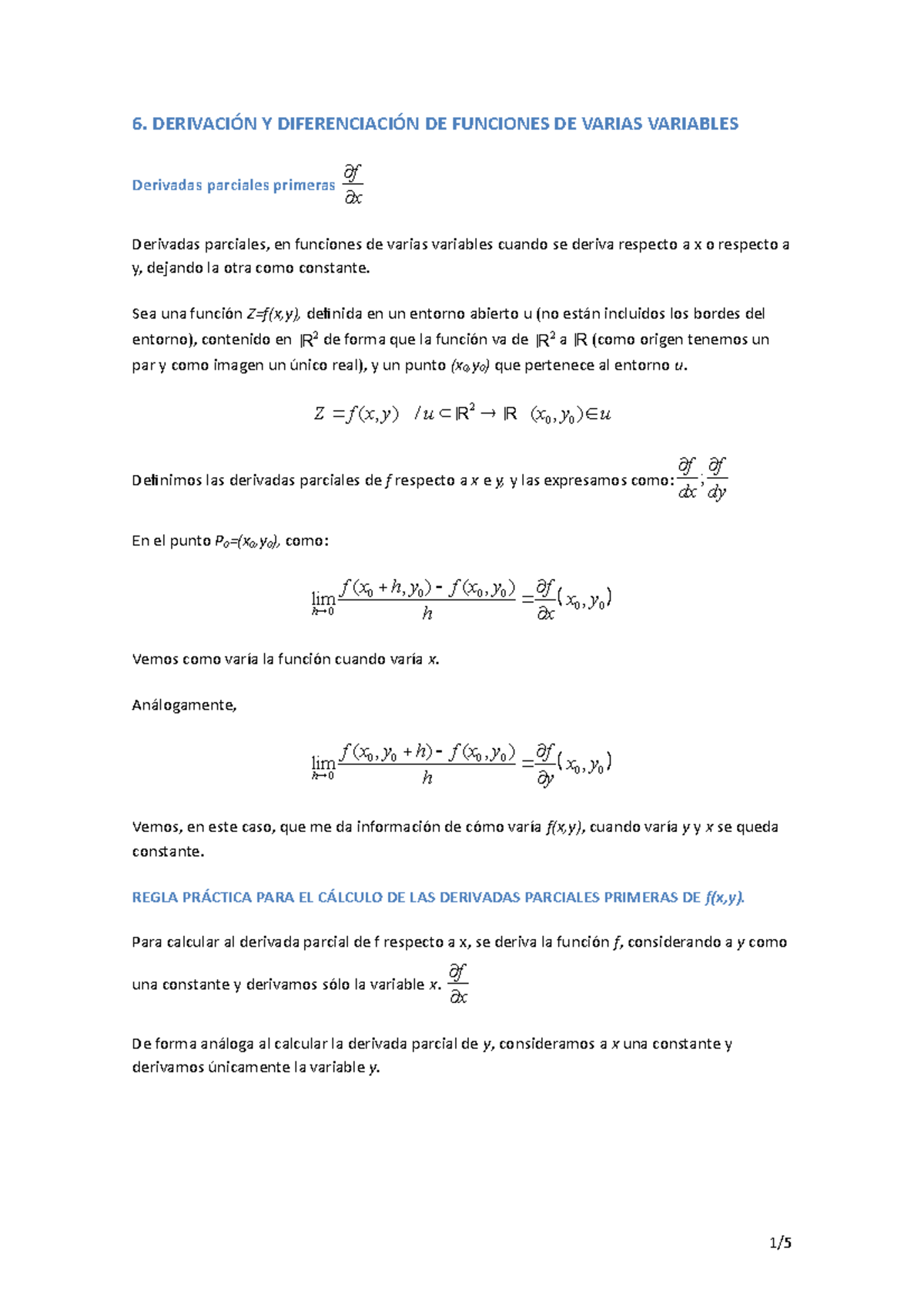 Resumen - leccion 6 - derivación y diferenciación de funciones de varias variables - 6. Y DE ...