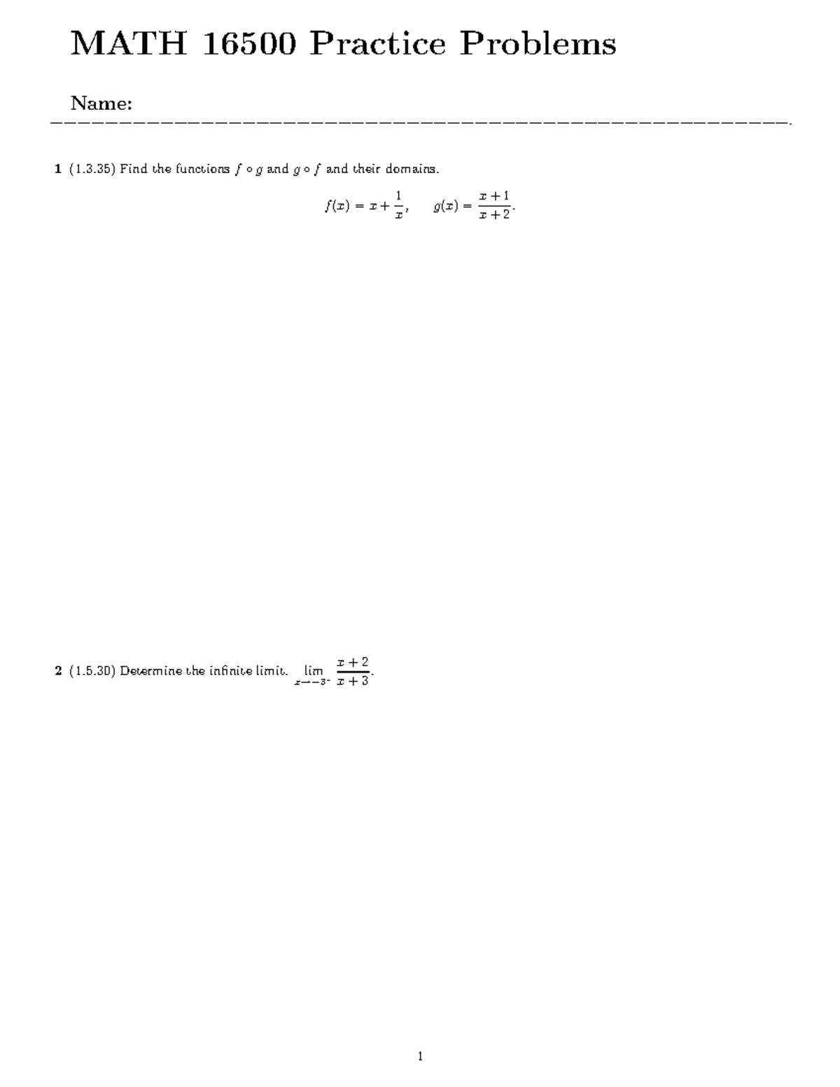 Fall 2012 165 Practice Final - MATH 16500 Practice Problems Name: - Studocu