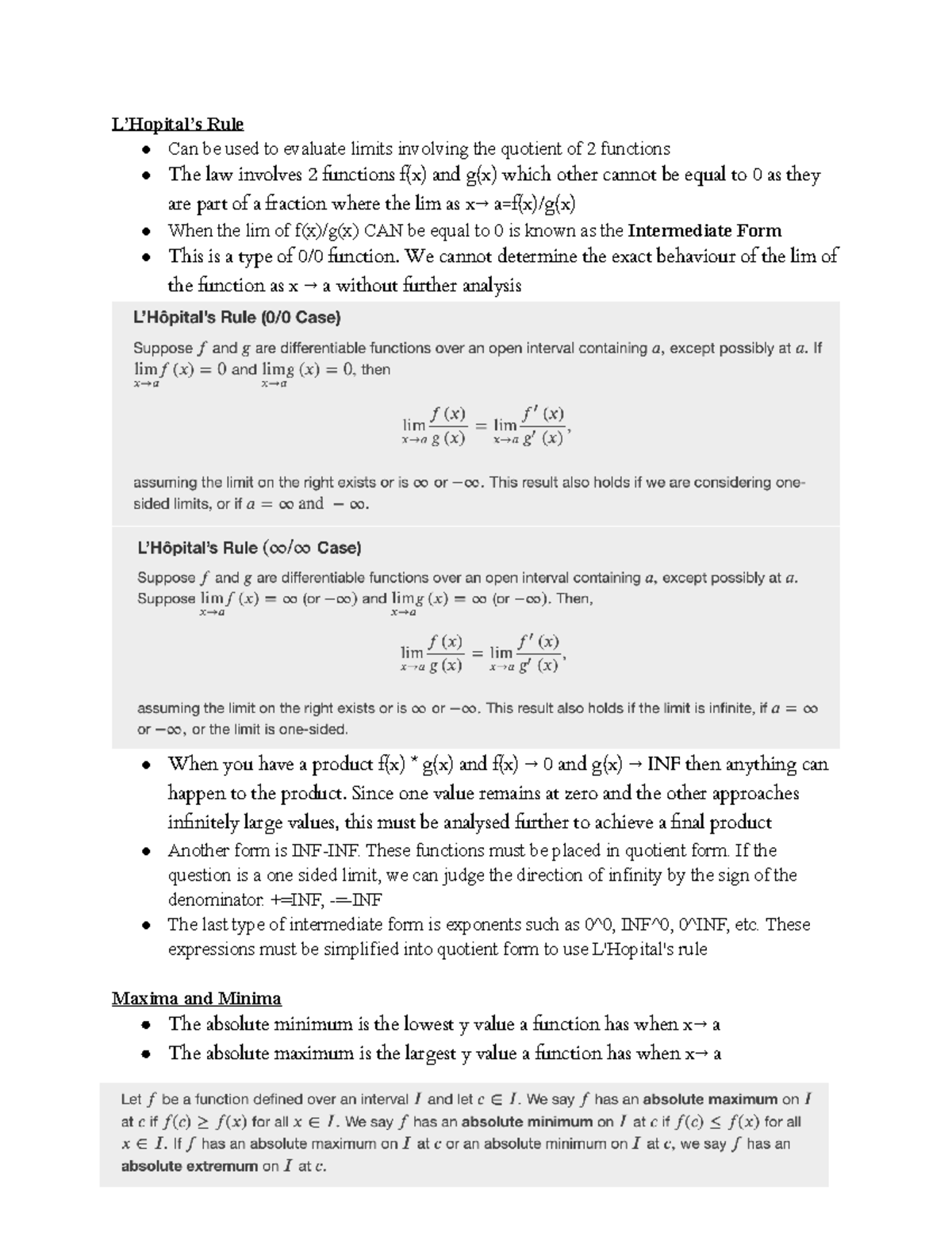 Week 8 Notes - L'opitals rule, finding max and mins, modeling ...