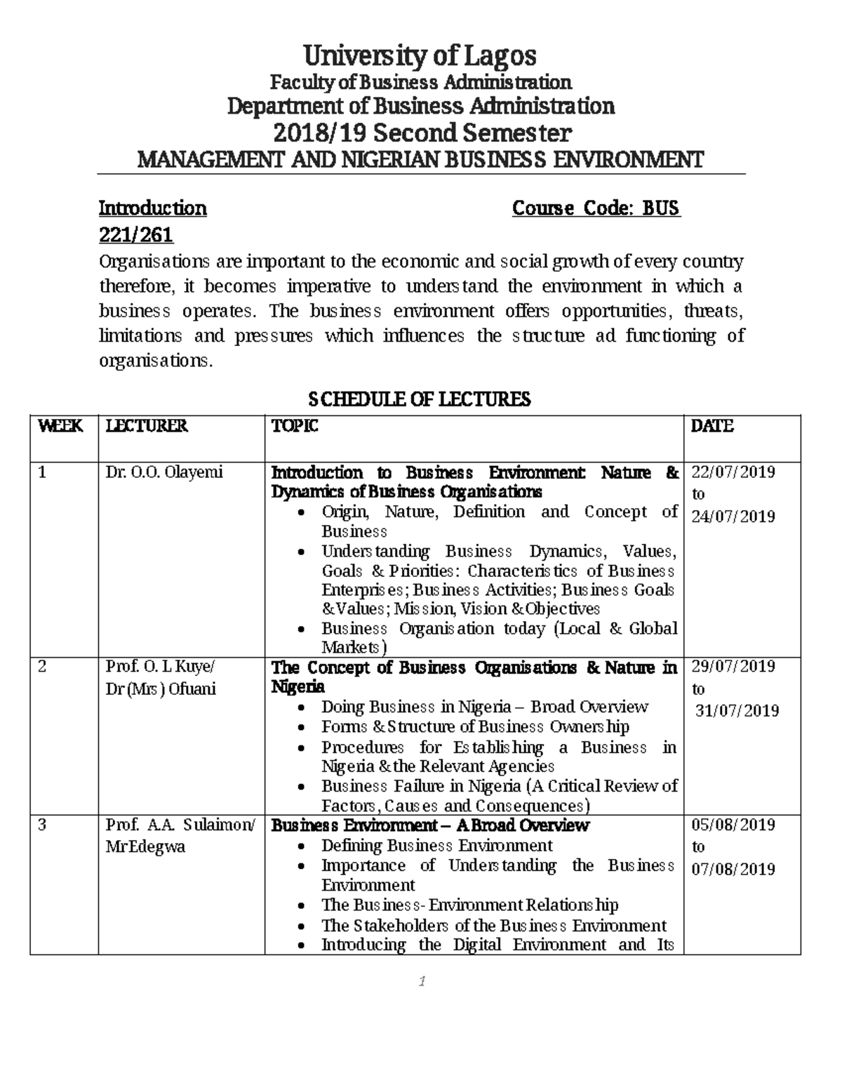 Unilag - BUS 221- Managt & Business Environment - 2019 - Course Outline ...