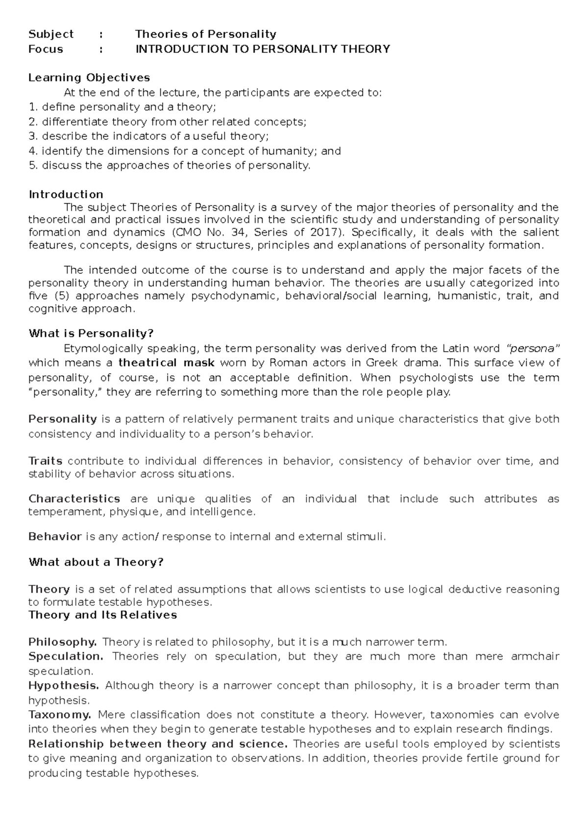 1-Introduction-to-Personality-Theory. - Subject : Theories of ...