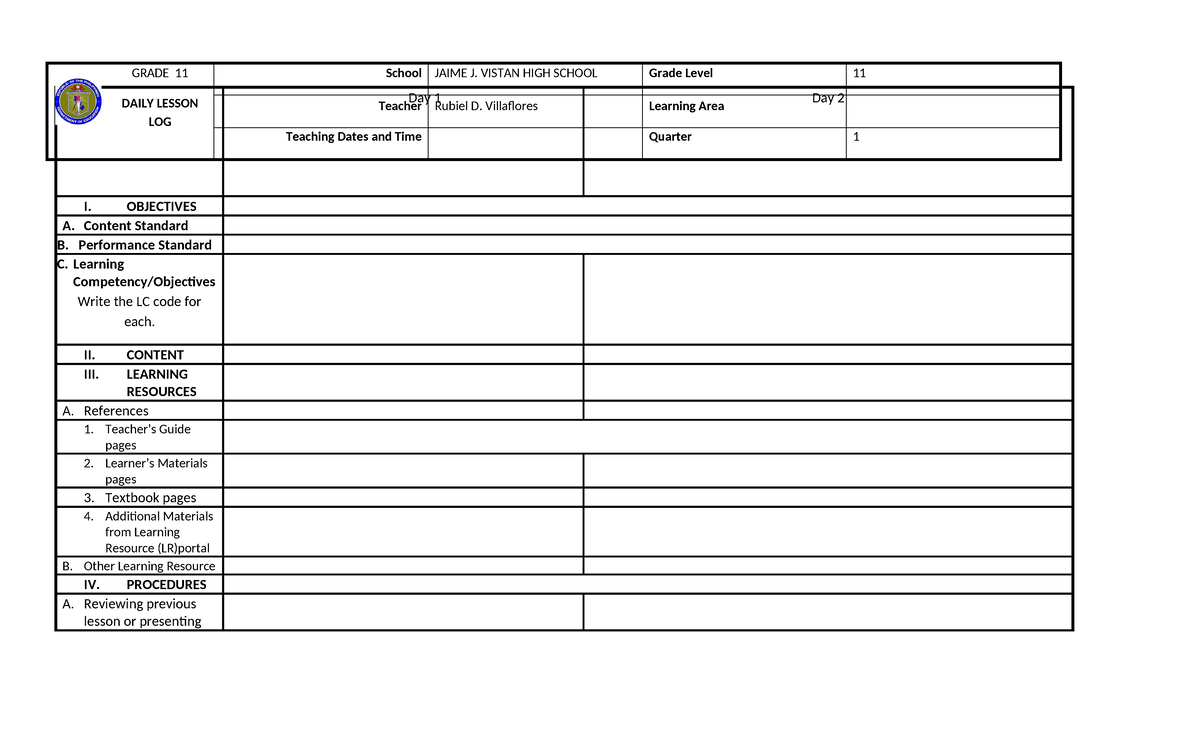 DLL Format 2 session - DLL - Day 1 Day 2 I. OBJECTIVES A. Content ...