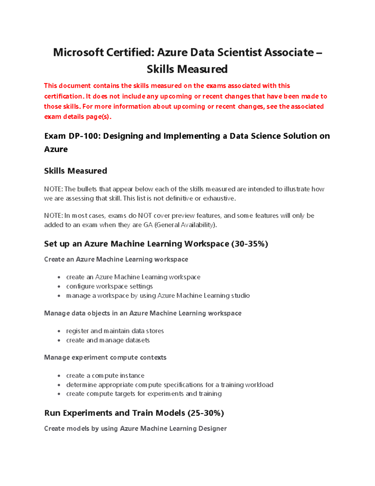 Microsoft Certified Azure Data Scientist Associate – Skills Measured ...