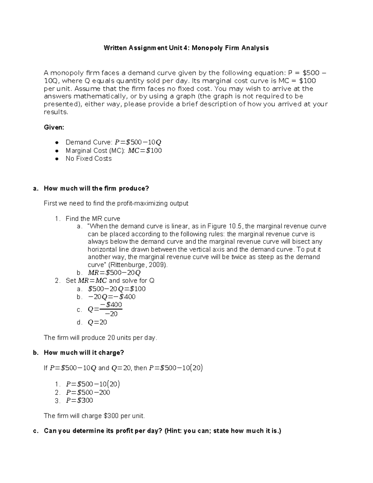 Written Assignment Unit 4 Monopoly Firm Analysis - Written Assignment ...