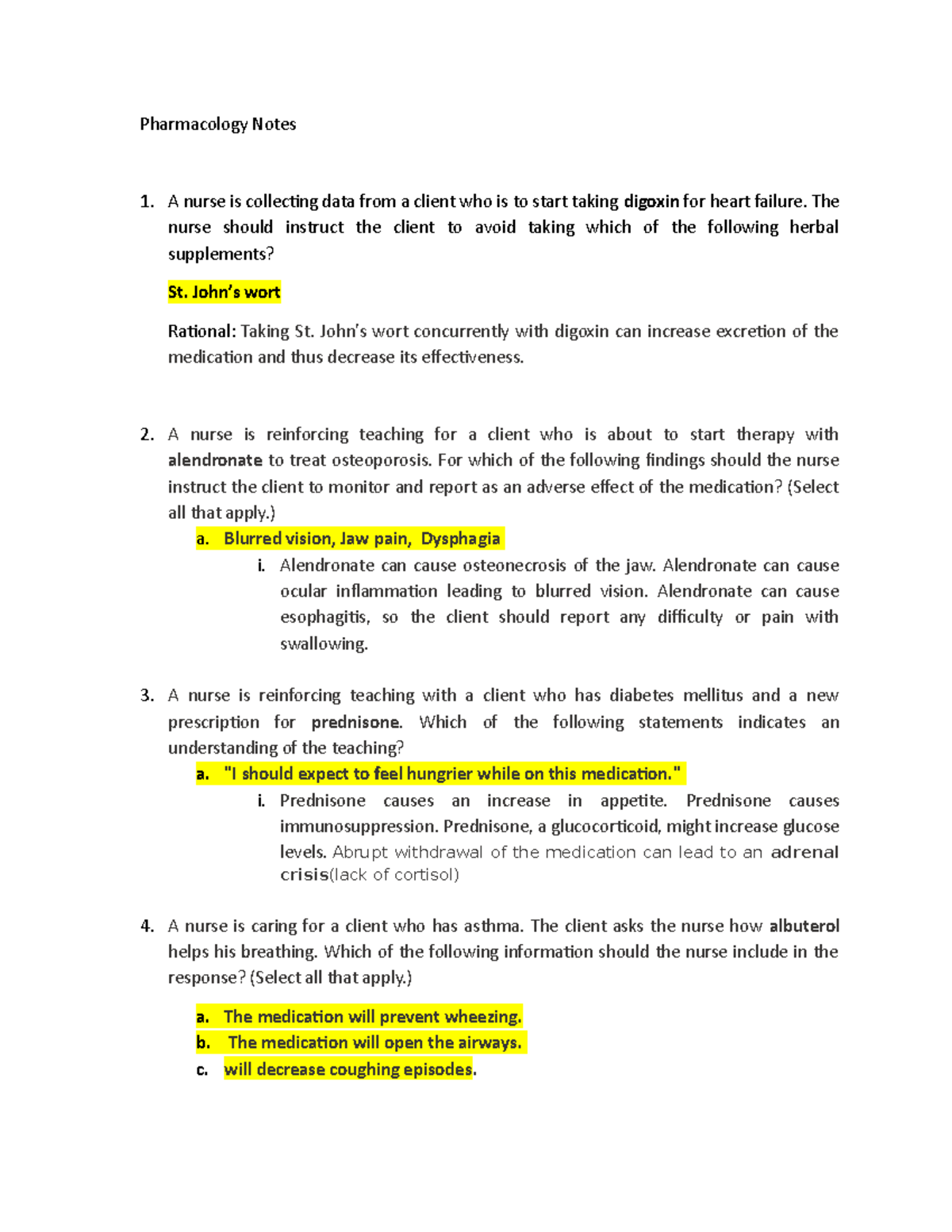 Pharm study notes - Pharmacology Notes 1. A nurse is collecting data ...