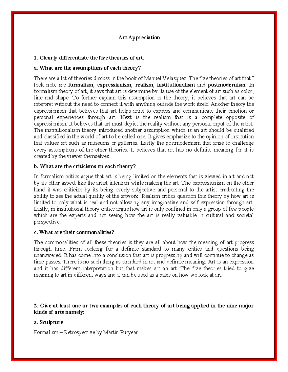 Theories of Art - Art Appreciation Clearly differentiate the five ...