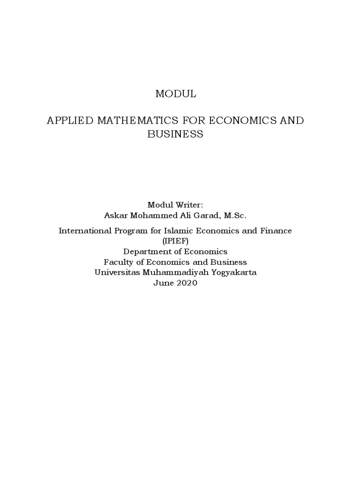 Modul MATH 2 (Ian Jacques) Applied Mathematics FOR Economics AND ...