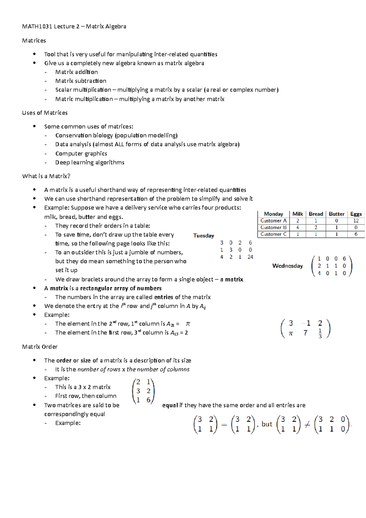 MATH1031 Lecture 2 Matrix Algebra - MATH1031 Lecture 2 – Matrix Algebra ...