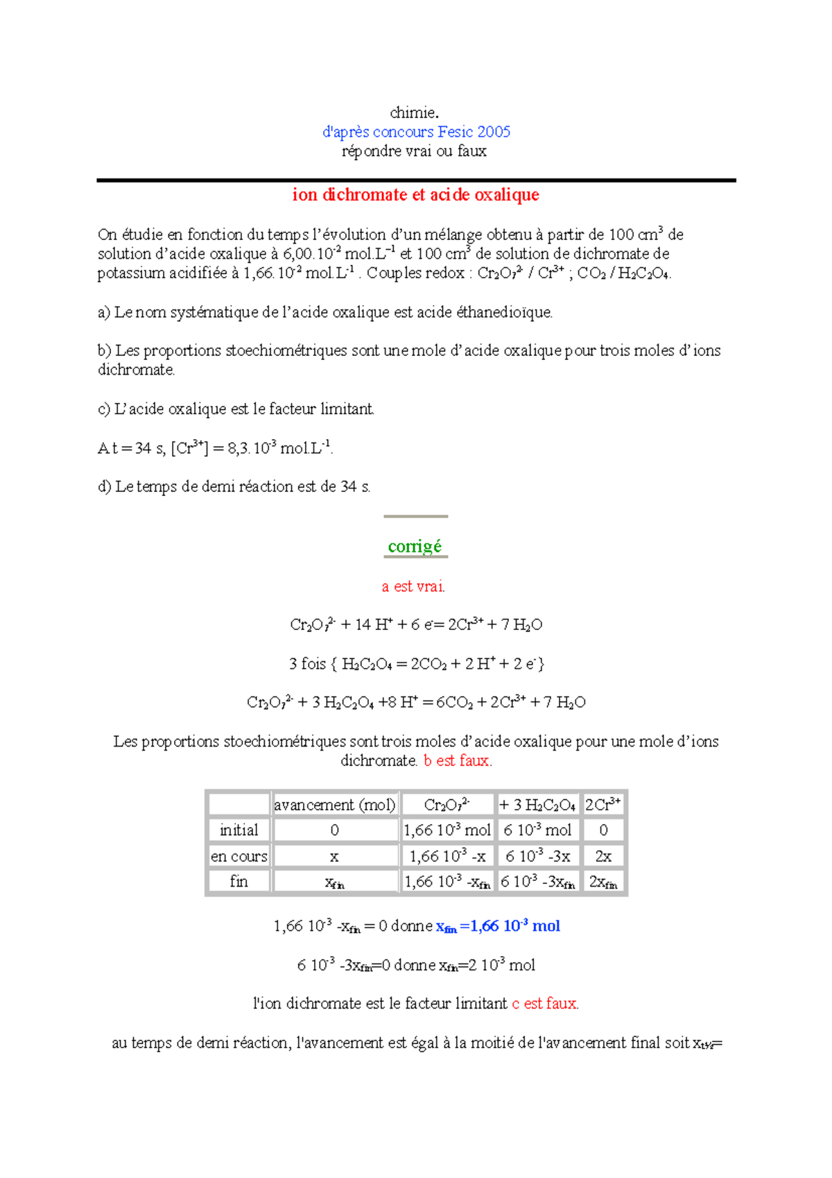 Chimie Exercices - chimie. d'après concours Fesic 2005 répondre vrai ou faux ion dichromate et ...