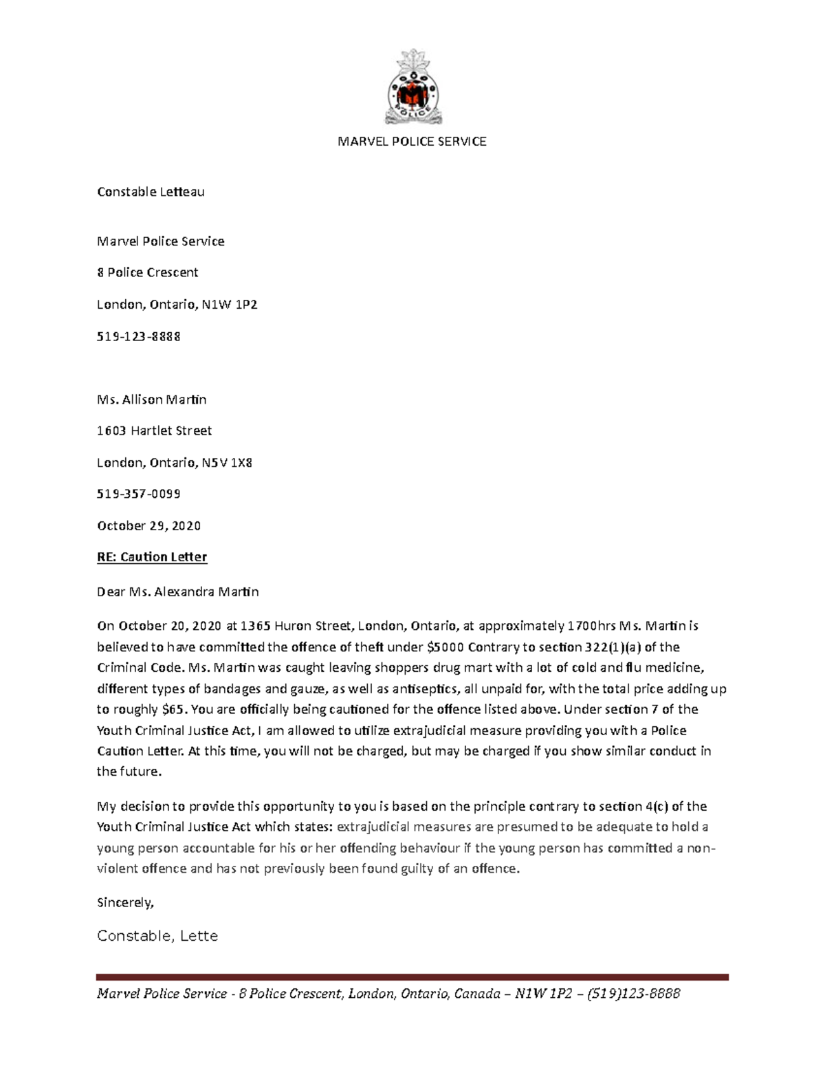 Police Lettehead 2020 - Prof Wong - MARVEL POLICE SERVICE Constable ...