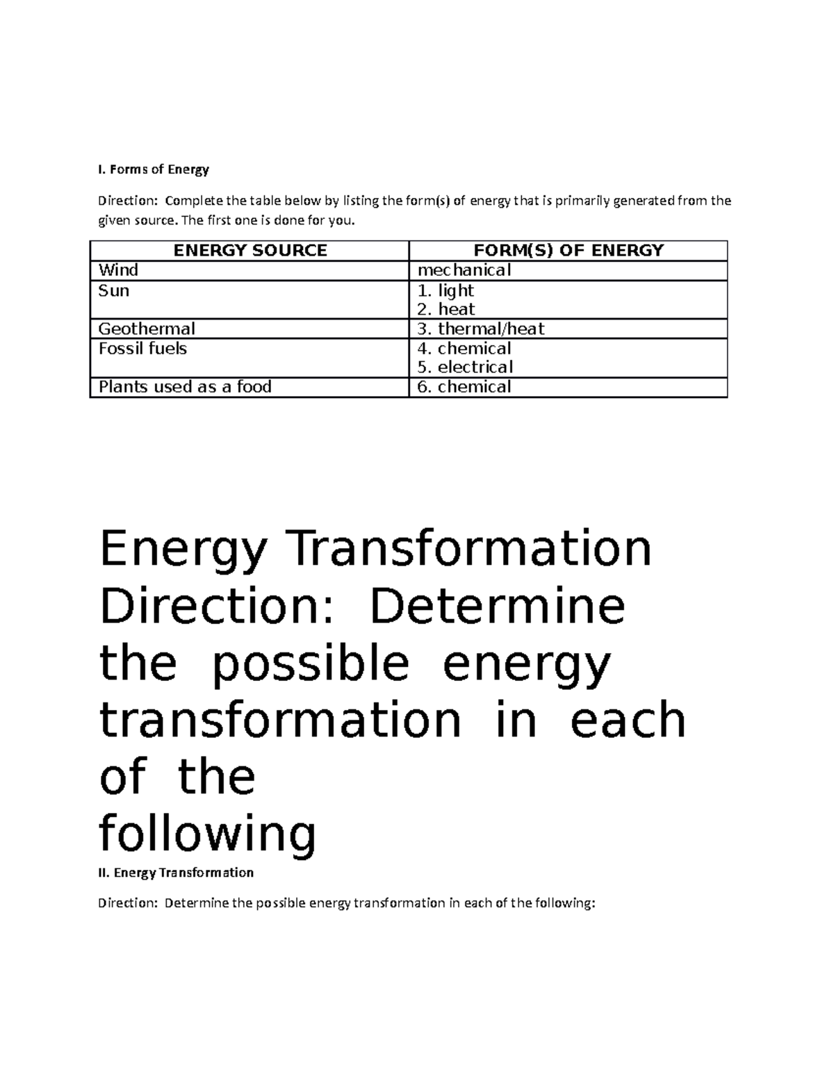 Activity 1 GEN. Chemistry - I. Forms of Energy Direction: Complete the ...