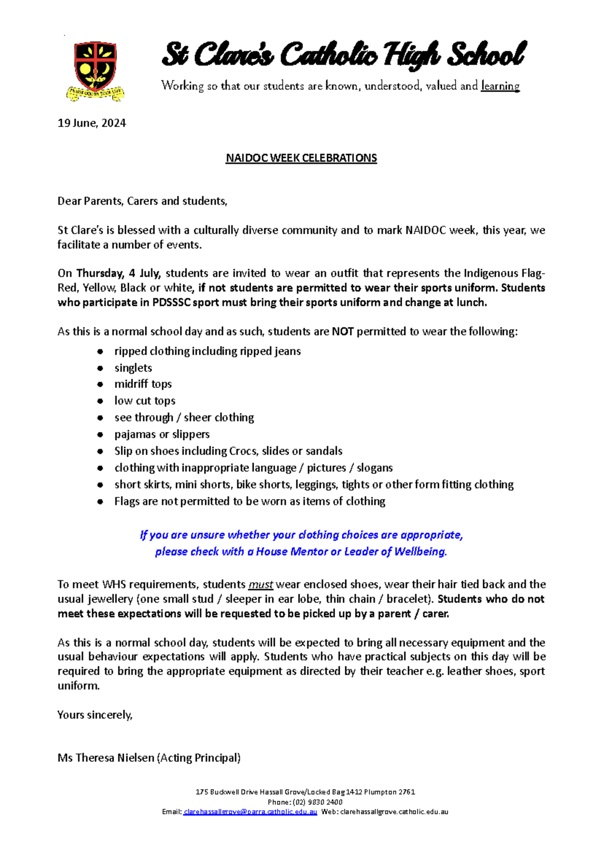 Naidoc Week 2024 Mufti Day Note - St Clare’s Catholic High School ...