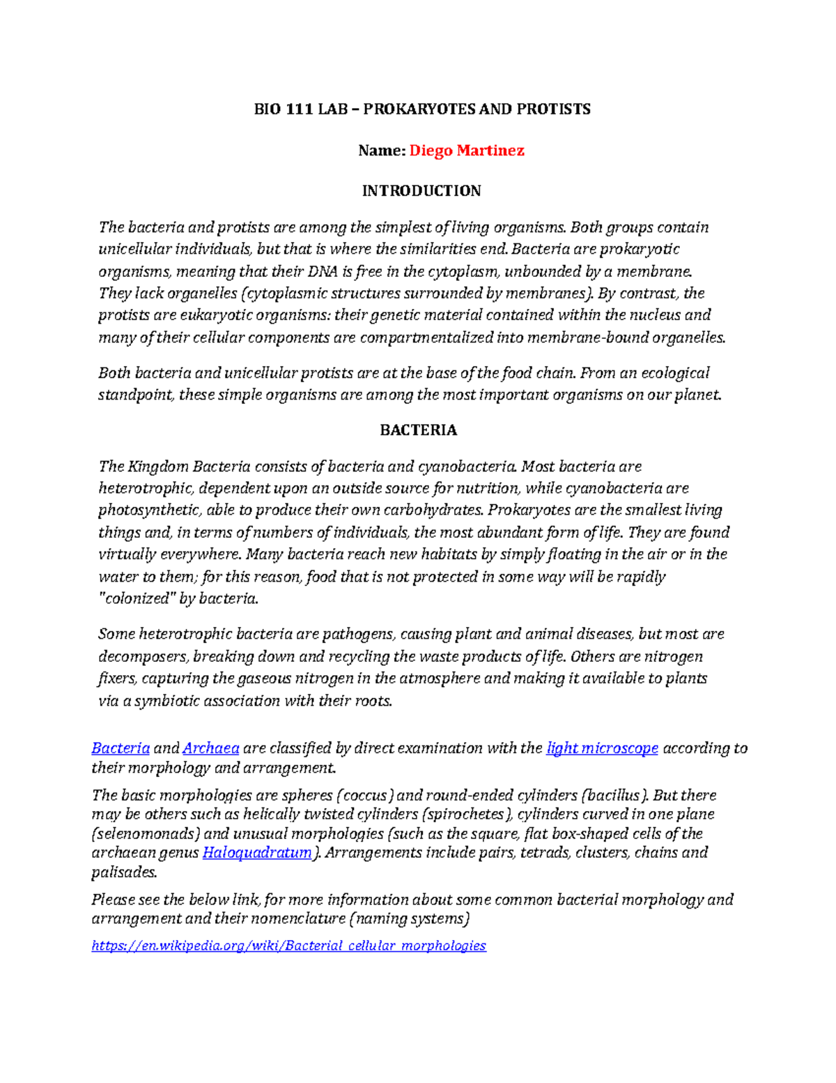 Lab Prokaryotes and Protists - BIO 111 LAB – PROKARYOTES AND PROTISTS ...