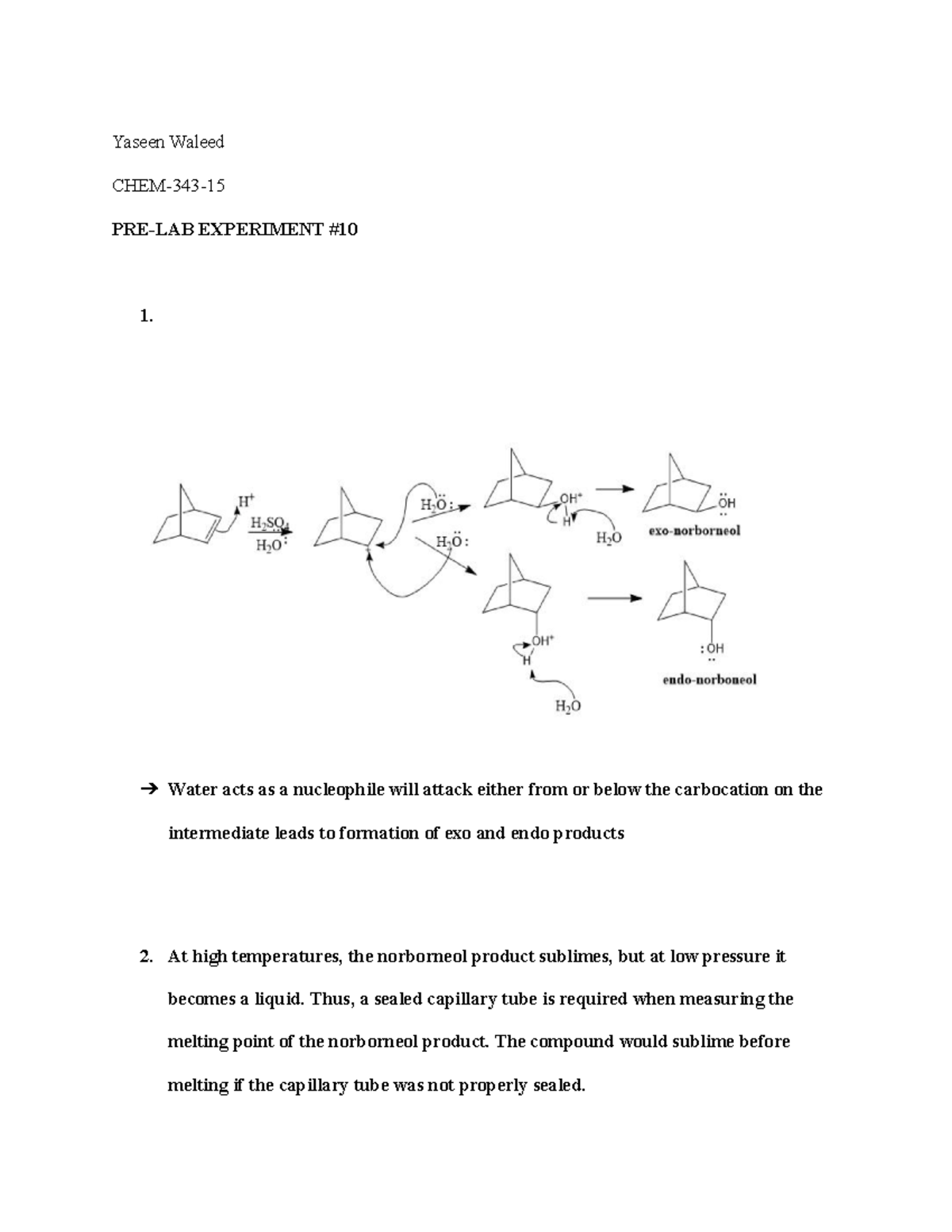 Pre-Lab EXP#10 - PRE-LAB 10 (CHEM 343) - Yaseen Waleed CHEM-343- PRE ...
