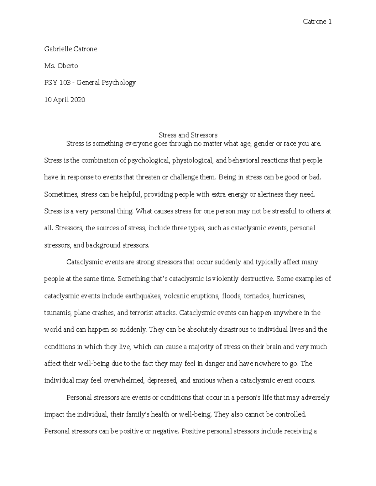 Reflection Paper III Psychology - Catrone 1 Gabrielle Catrone Ms ...