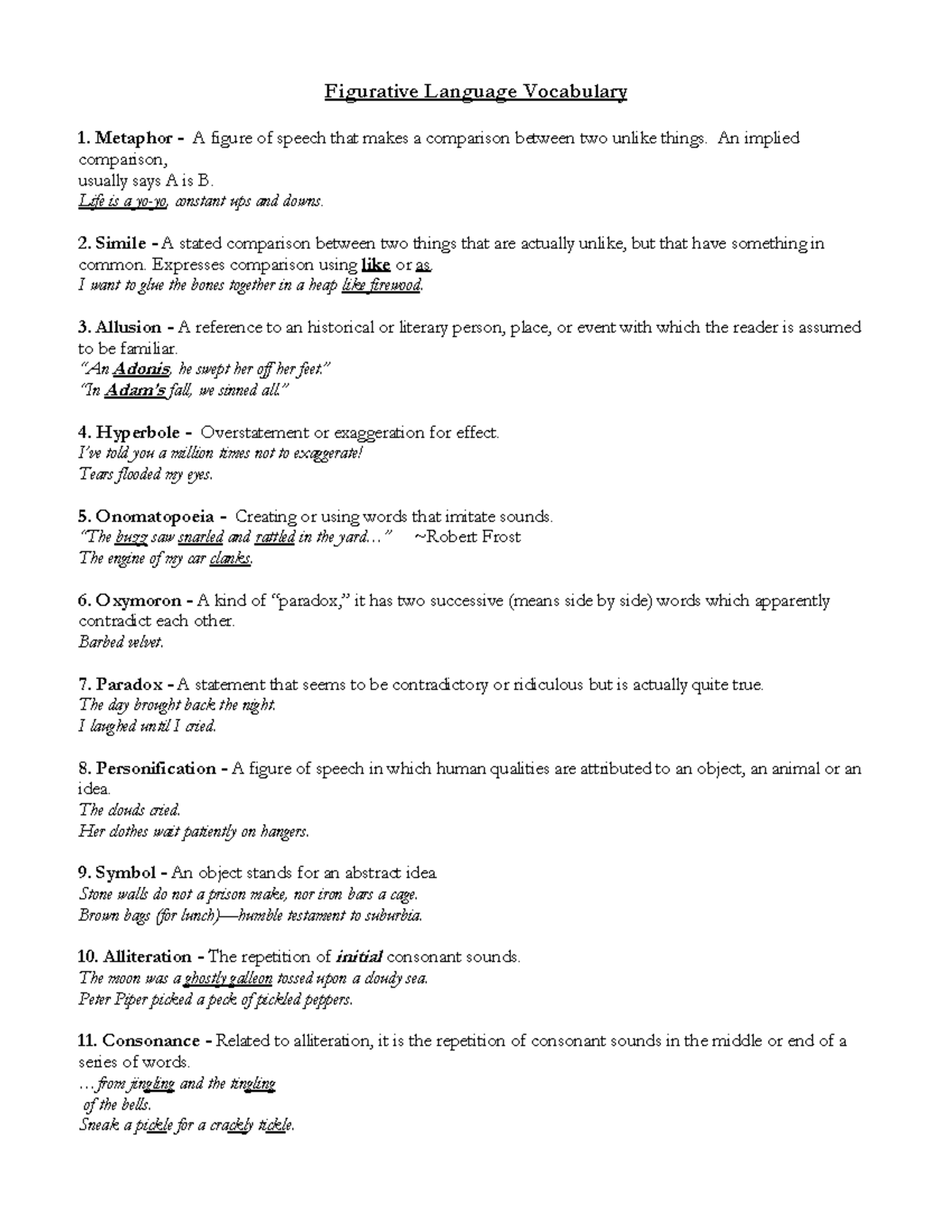 Figurative Language Terms - Figurative Language Vocabulary Metaphor - A ...