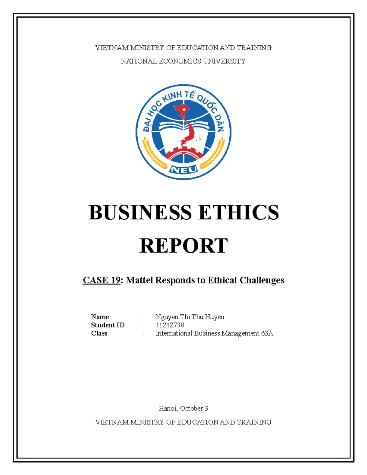 Business Ethics - mattel, inc. - VIETNAM MINISTRY OF EDUCATION AND ...