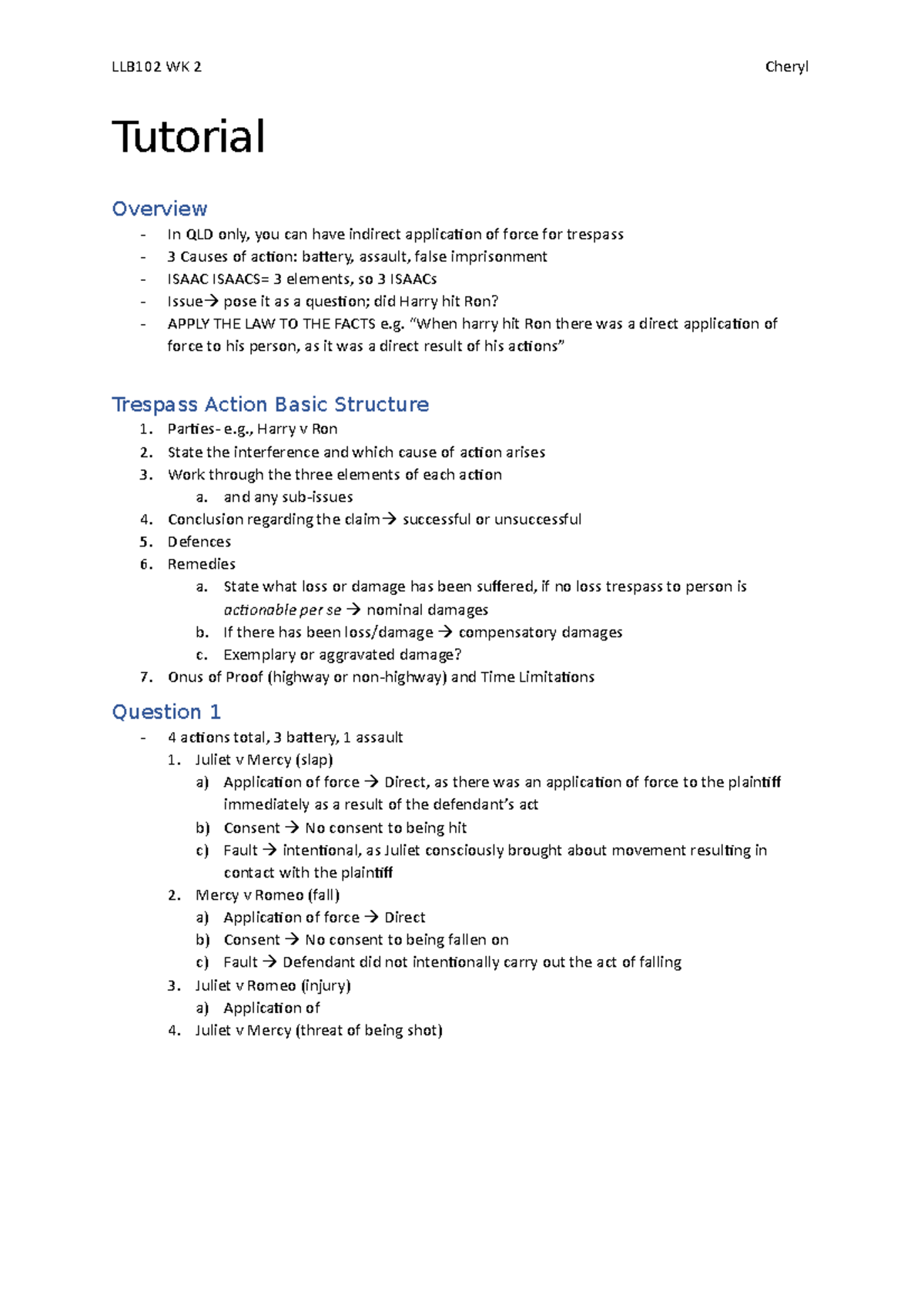 LLB102 WK 2 - Tresspass Basic Action - LLB102 WK 2 Cheryl Tutorial ...