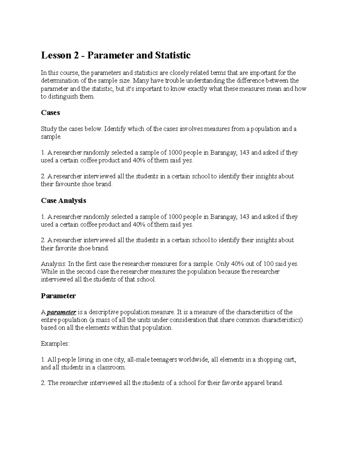 Lesson 2 Statistics - STAT - Lesson 2 - Parameter and Statistic In this ...