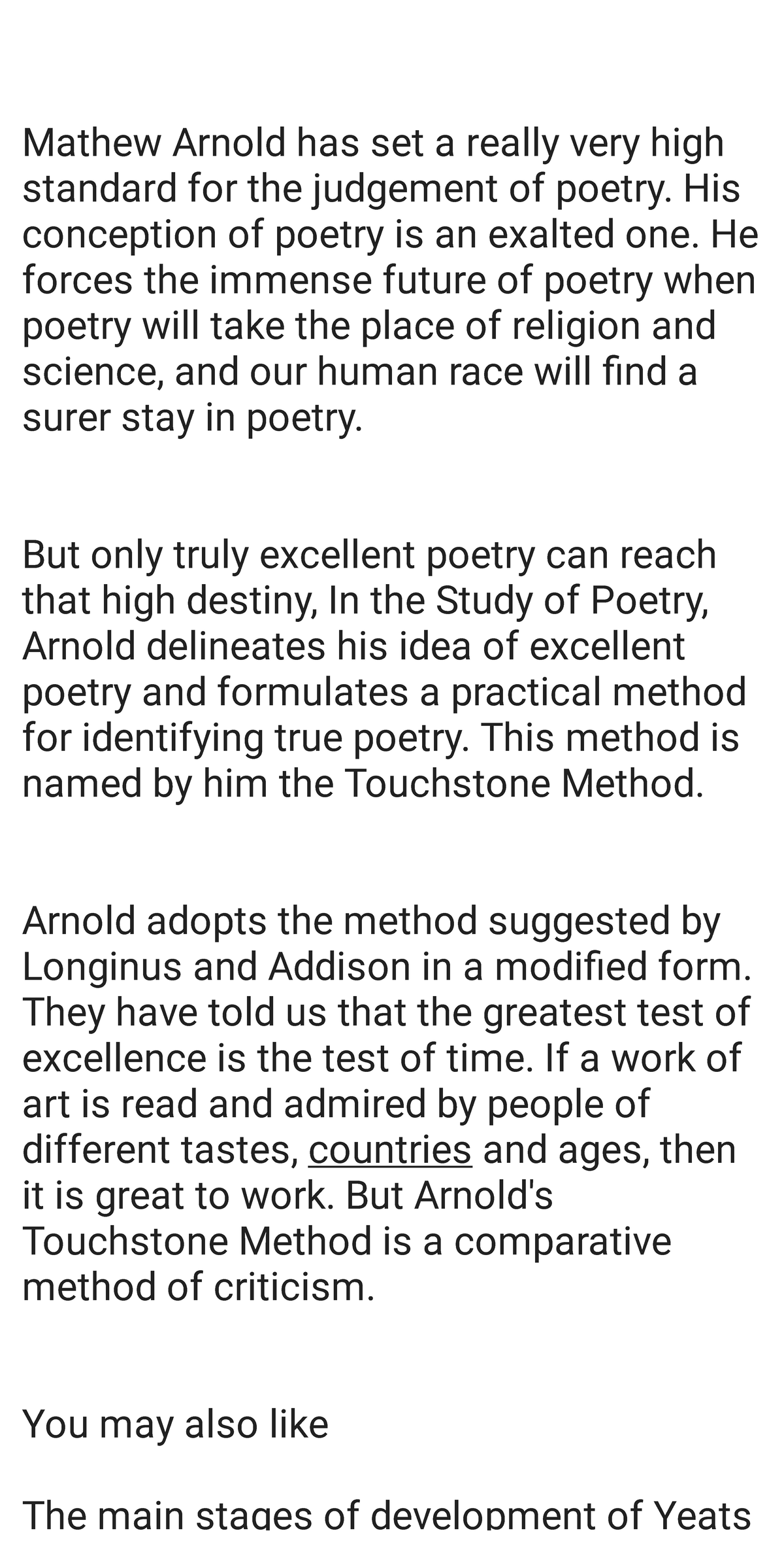 Arnold 2 - Comparing poetry - Mathew Arnold has set a really very high ...