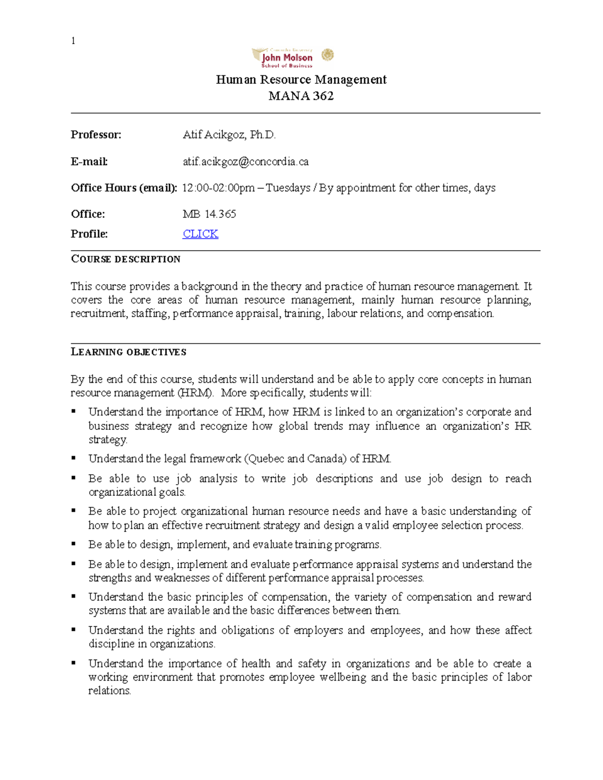 1HRM Course Outline Tuesday - Human Resource Management MANA 362 ...