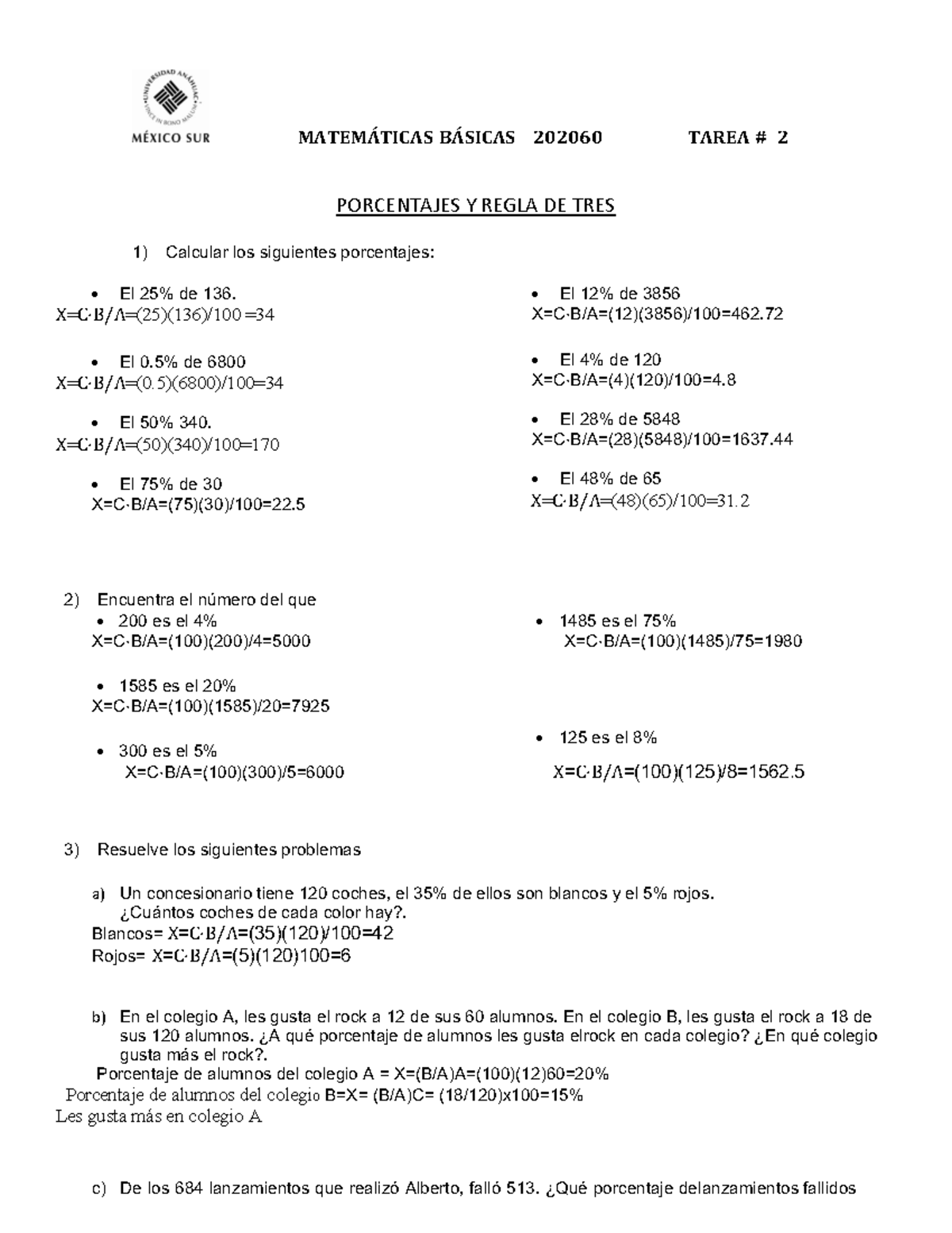 Tarea 2 - Tanto Porciento y Regla de Tres 2 - MATEMÁTICAS BÁSICAS ...