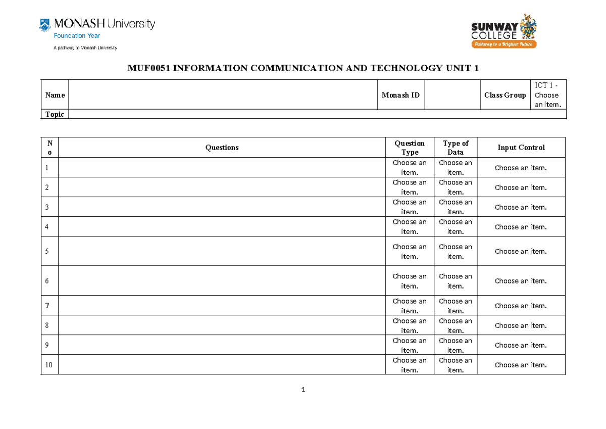 Survey Questions Template - MUF0051 INFORMATION COMMUNICATION AND ...