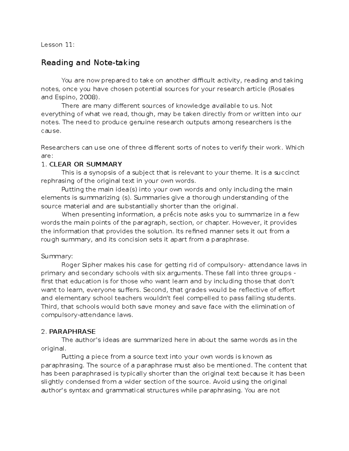 Lesson 11 Reading and Note Taking - Lesson 11: Reading and Note-taking ...