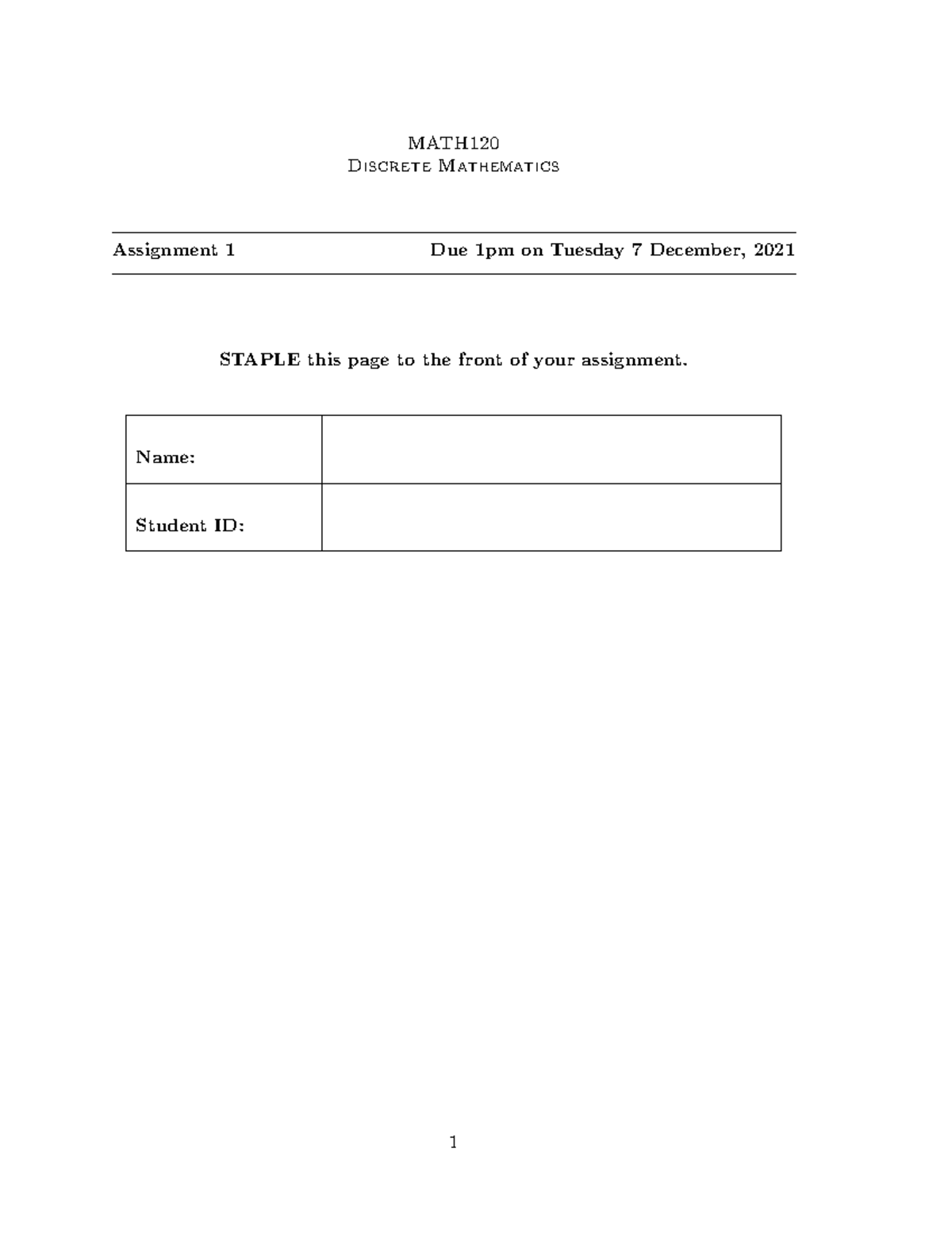 MATH120 S - Assignment 1 - ICTICT517 - MATH Discrete Mathematics Assignment 1 Due 1pm on Tuesday ...