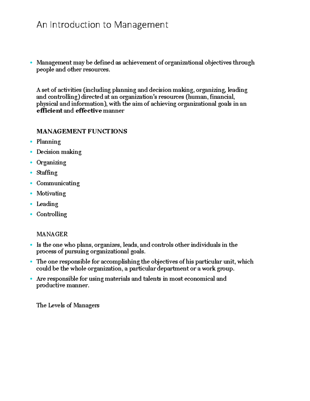 Overview of Management - - Studocu