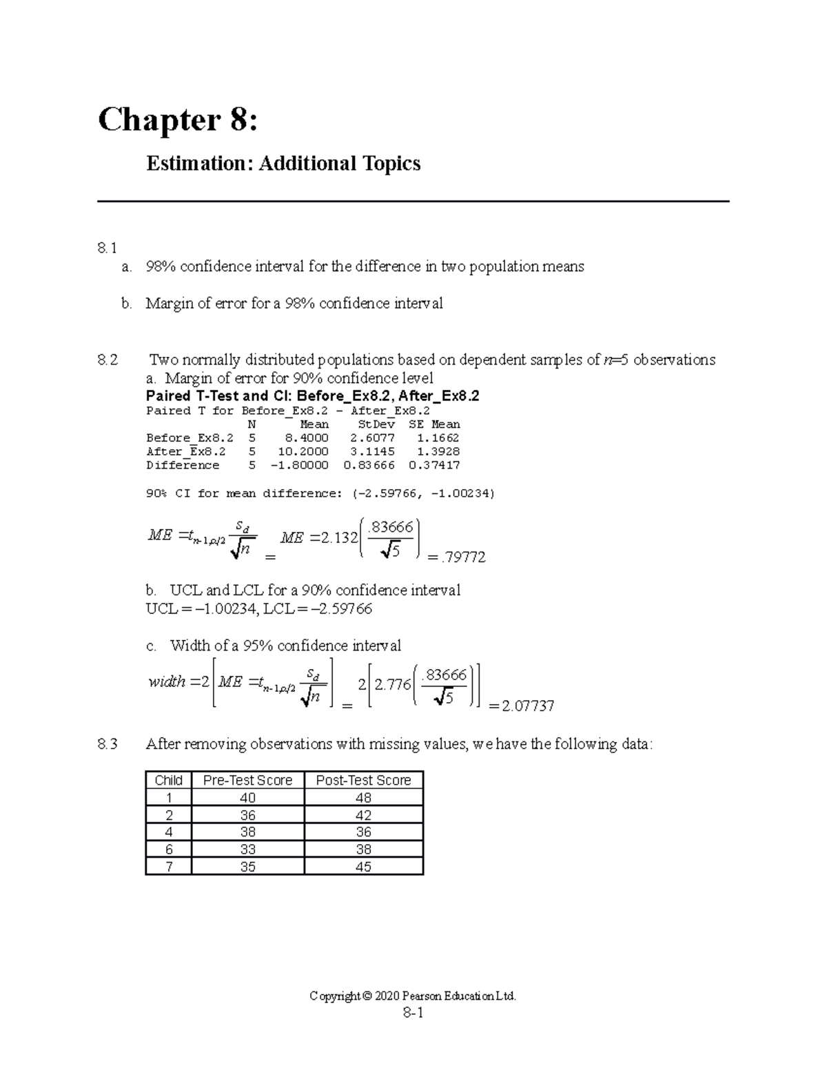 Newbold SBE9e ISM CH08 - Chapter 8: Estimation: Additional Topics 8. a ...