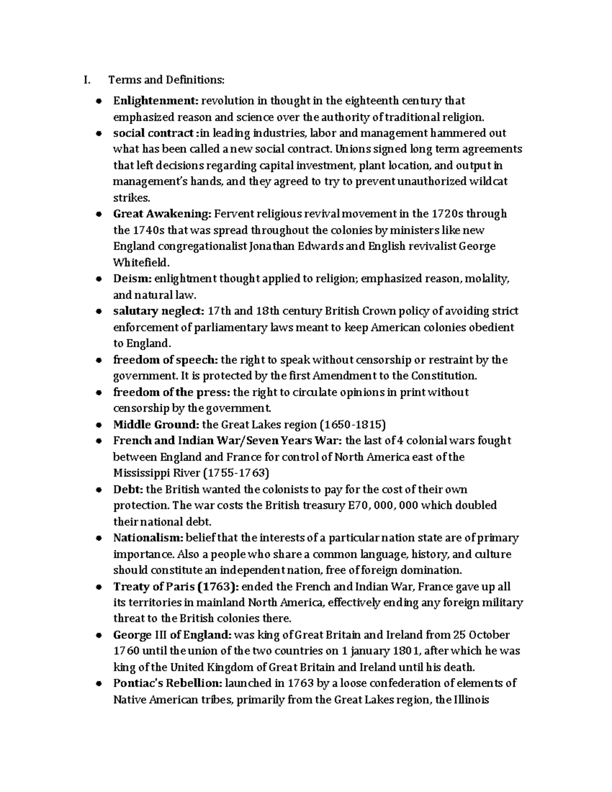 History Test 2 Study Guide - I. Terms and Definitions: Enlightenment ...