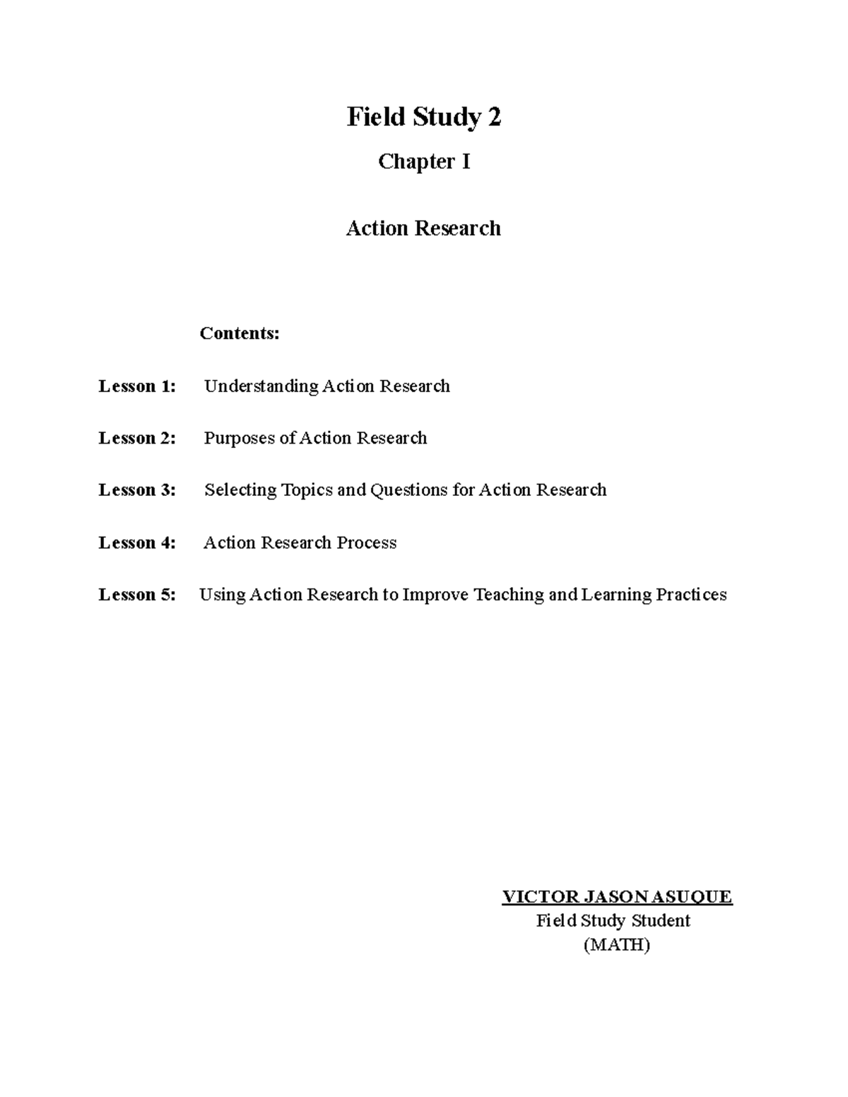 Cover PAGE - FS 1 & 2 - Chapter I Action Research Contents: Lesson 1 ...
