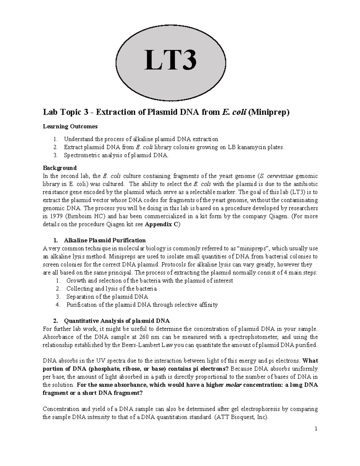 Lab Topic 3 2023 1 Lab Topic 3 Extraction Of Plasmid Dna From E Coli Miniprep Learning