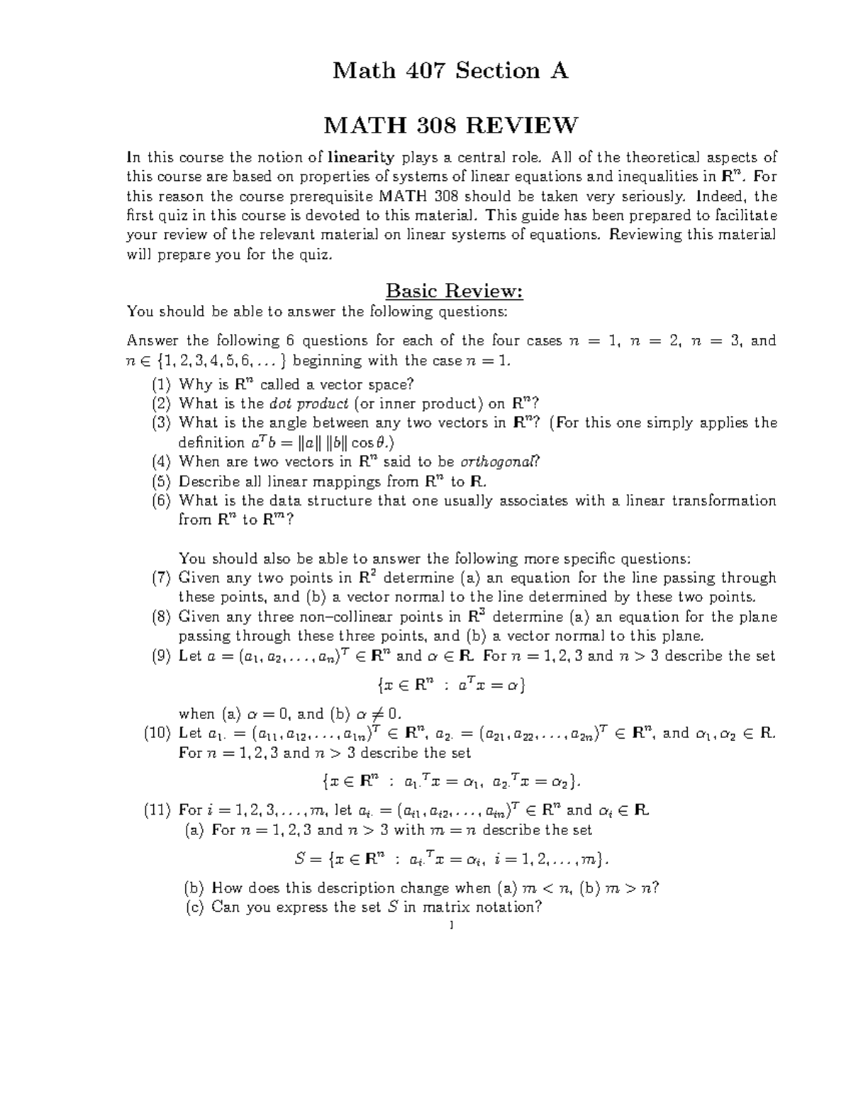 Linear Algebra Review MATH 407w18 - Math 407 Section A MATH 308 REVIEW ...